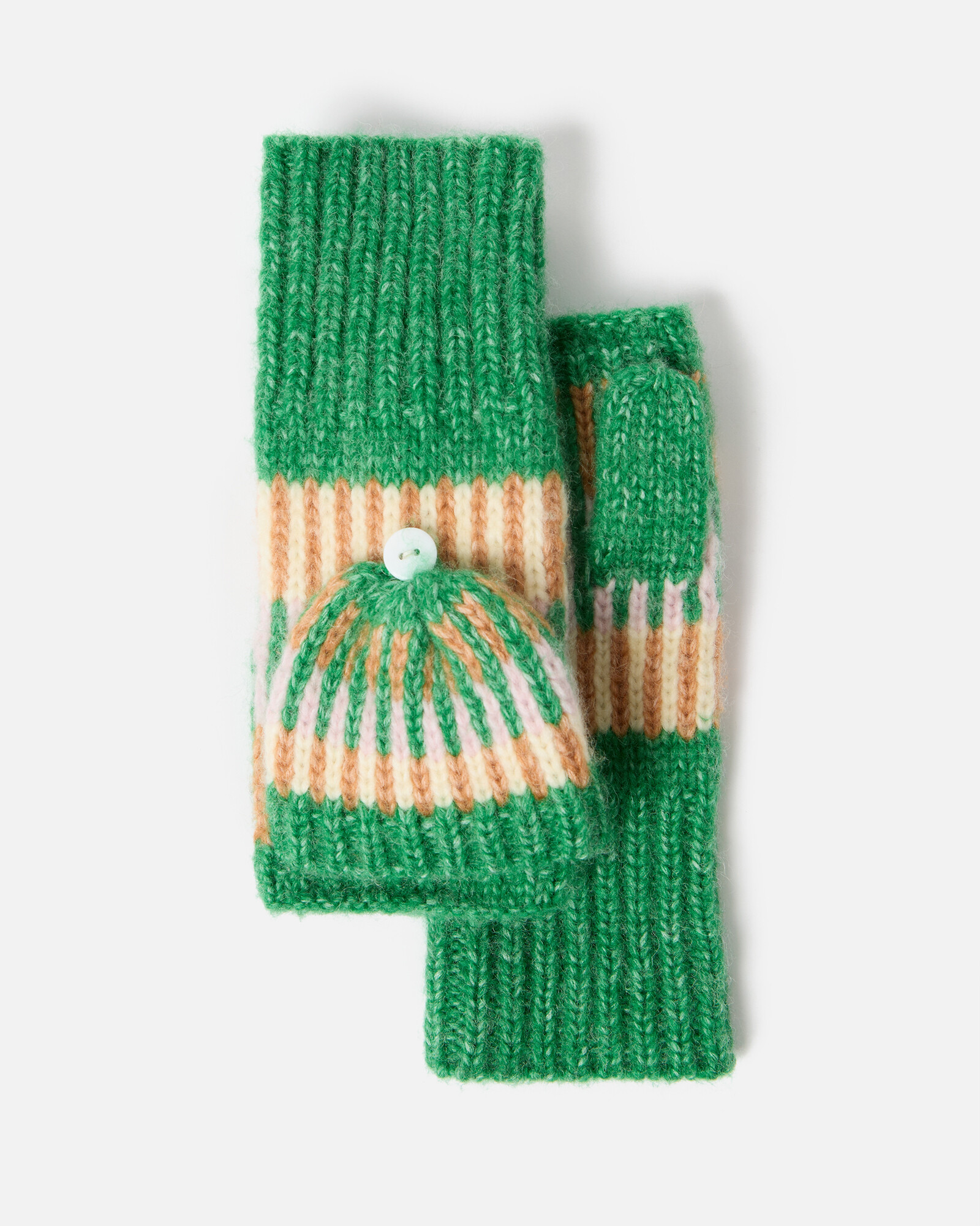 Green & Ecru Striped Knitted Fingerless Mitten Gloves | Oliver Bonas