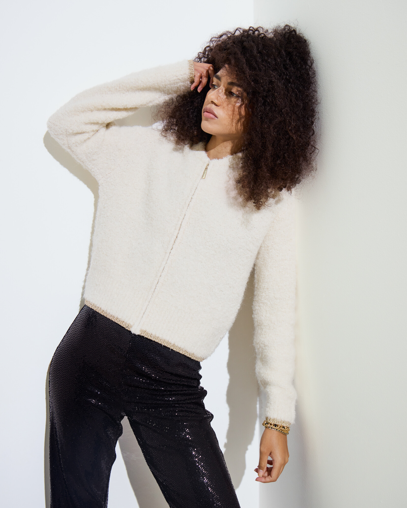 Cream Fluffy Boucle Knitted Bomber Jacket | Oliver Bonas