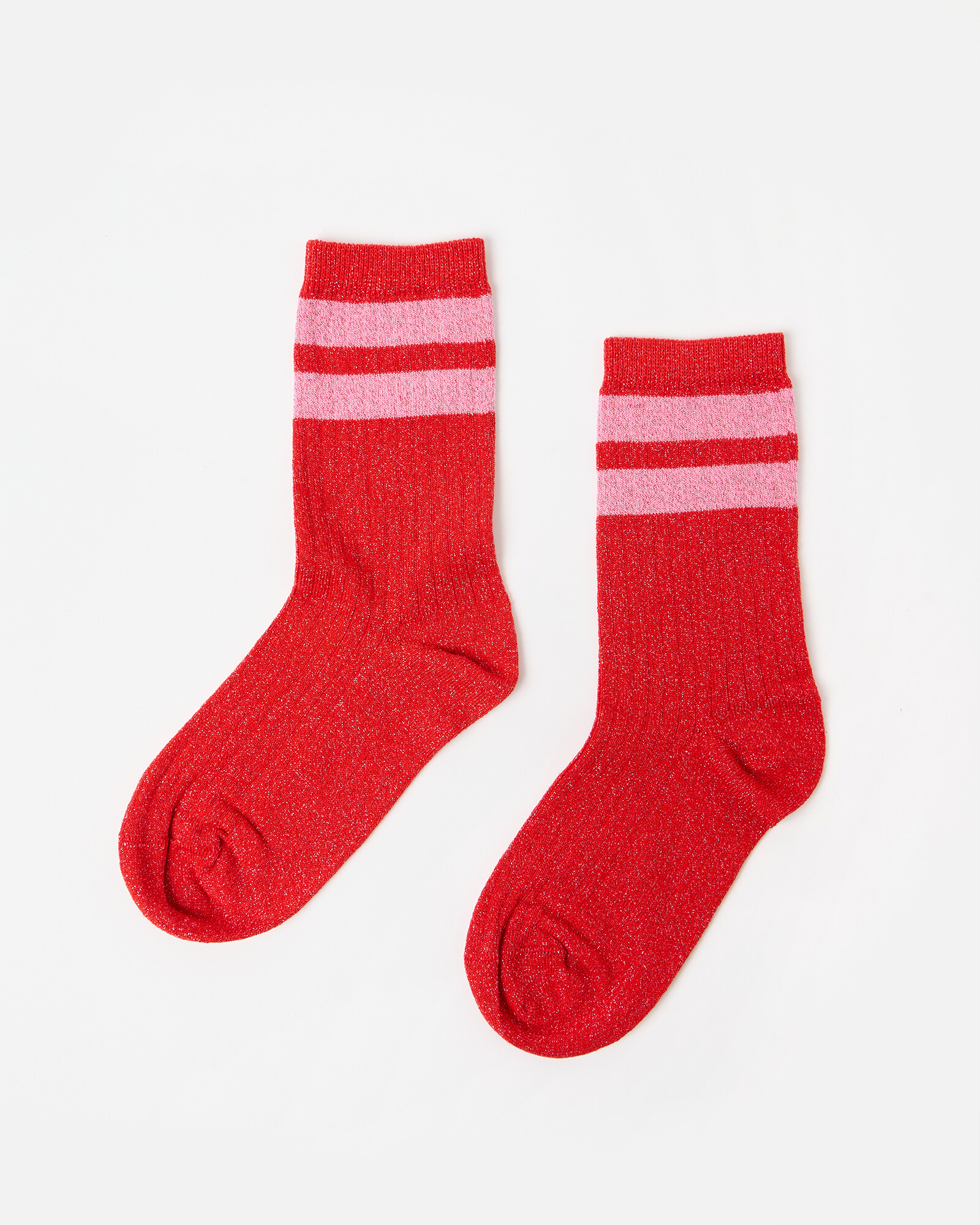Red & Pink Glitter Stripy Ribbed Ankle Socks | Oliver Bonas