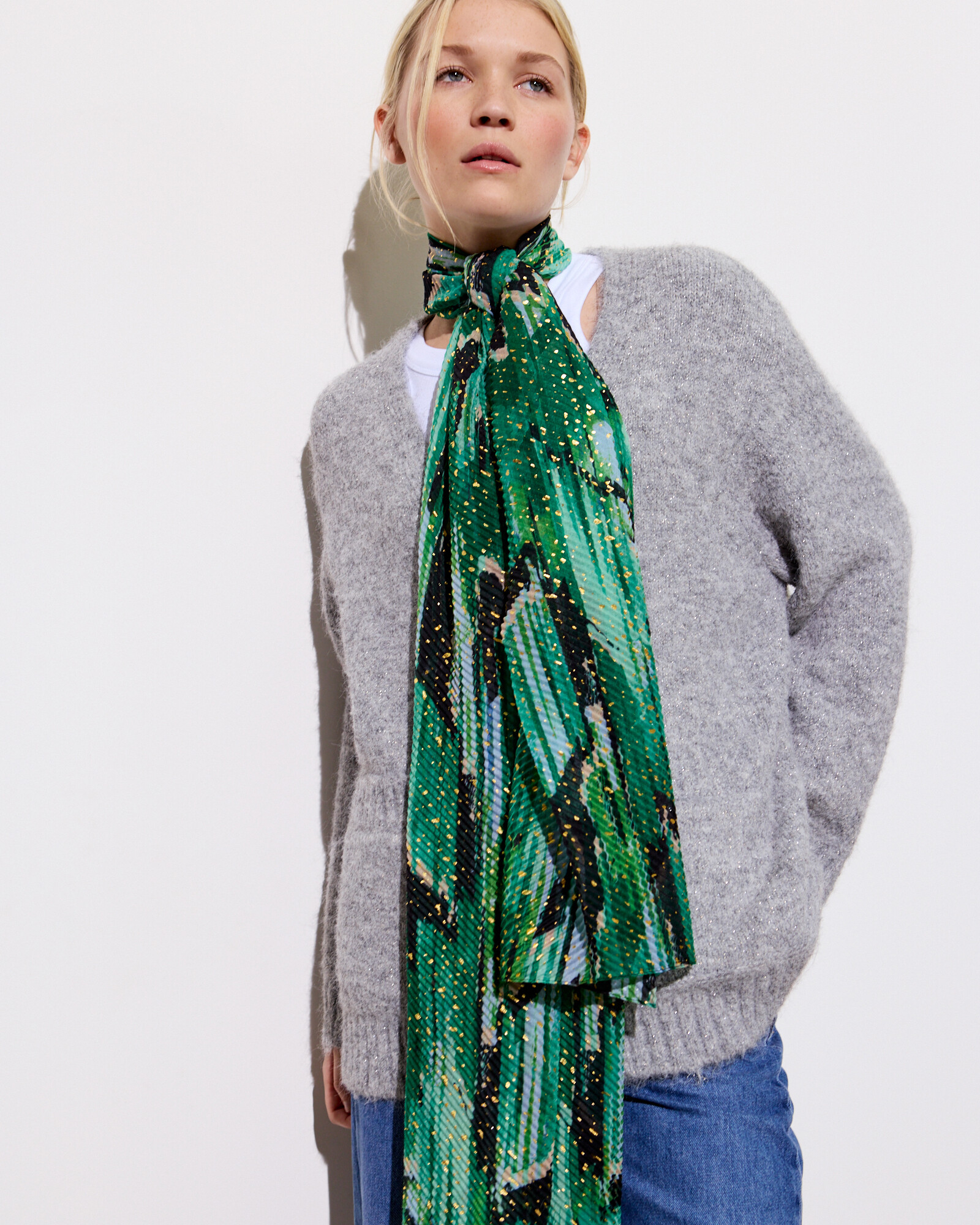 Green Shimmer Pleated Lightweight Scarf | Oliver Bonas