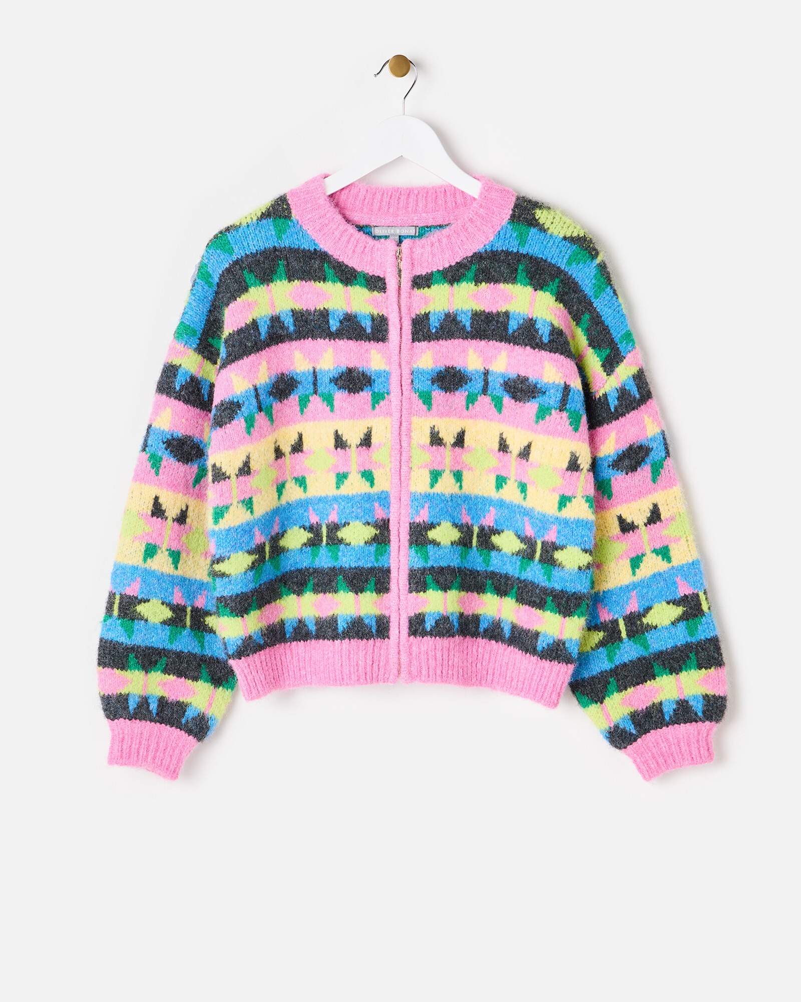 Pink Geometric Star Knitted Bomber Jacket | Oliver Bonas