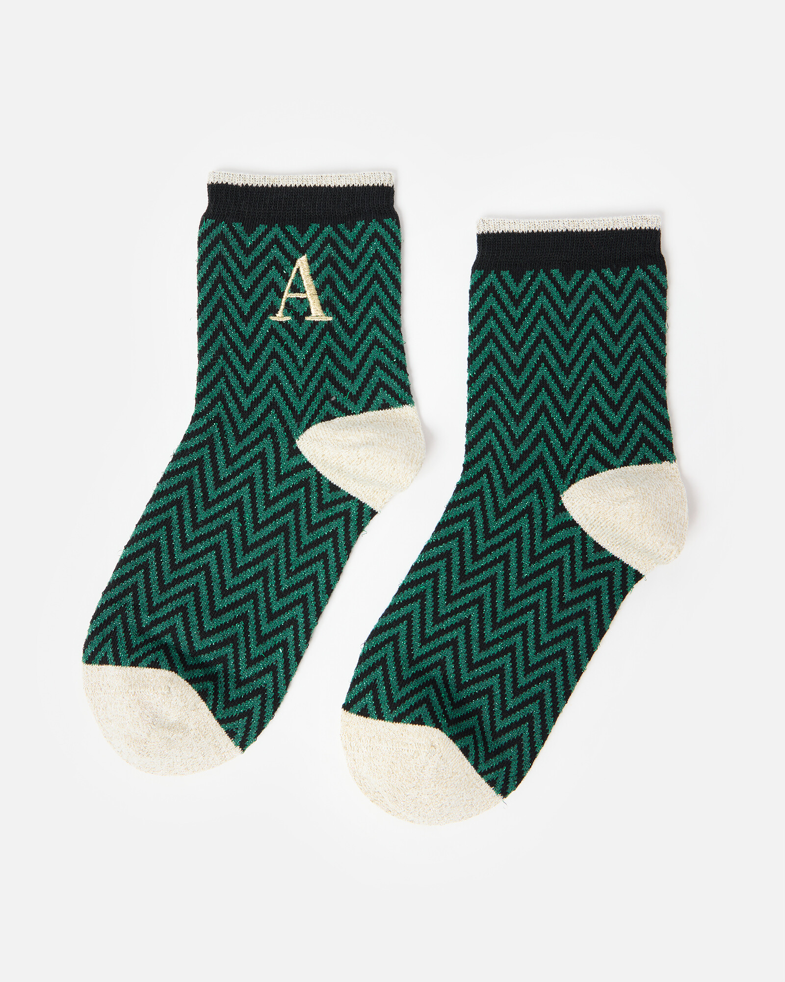 Green & Black Alphabet Zig Zag Initial Ankle Socks | Oliver Bonas