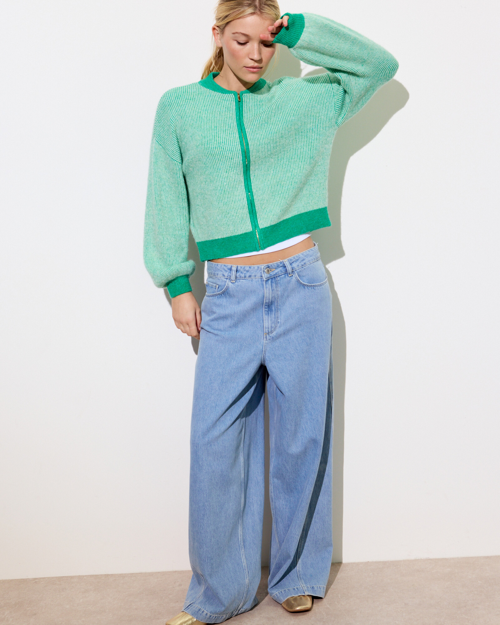 Green Ribbed Knitted Bomber Jacket | Oliver Bonas