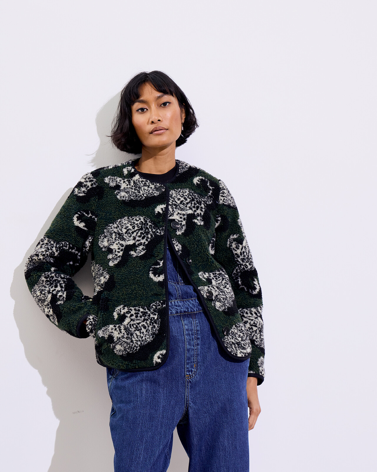 Green Leopard Borg Jacket | Oliver Bonas