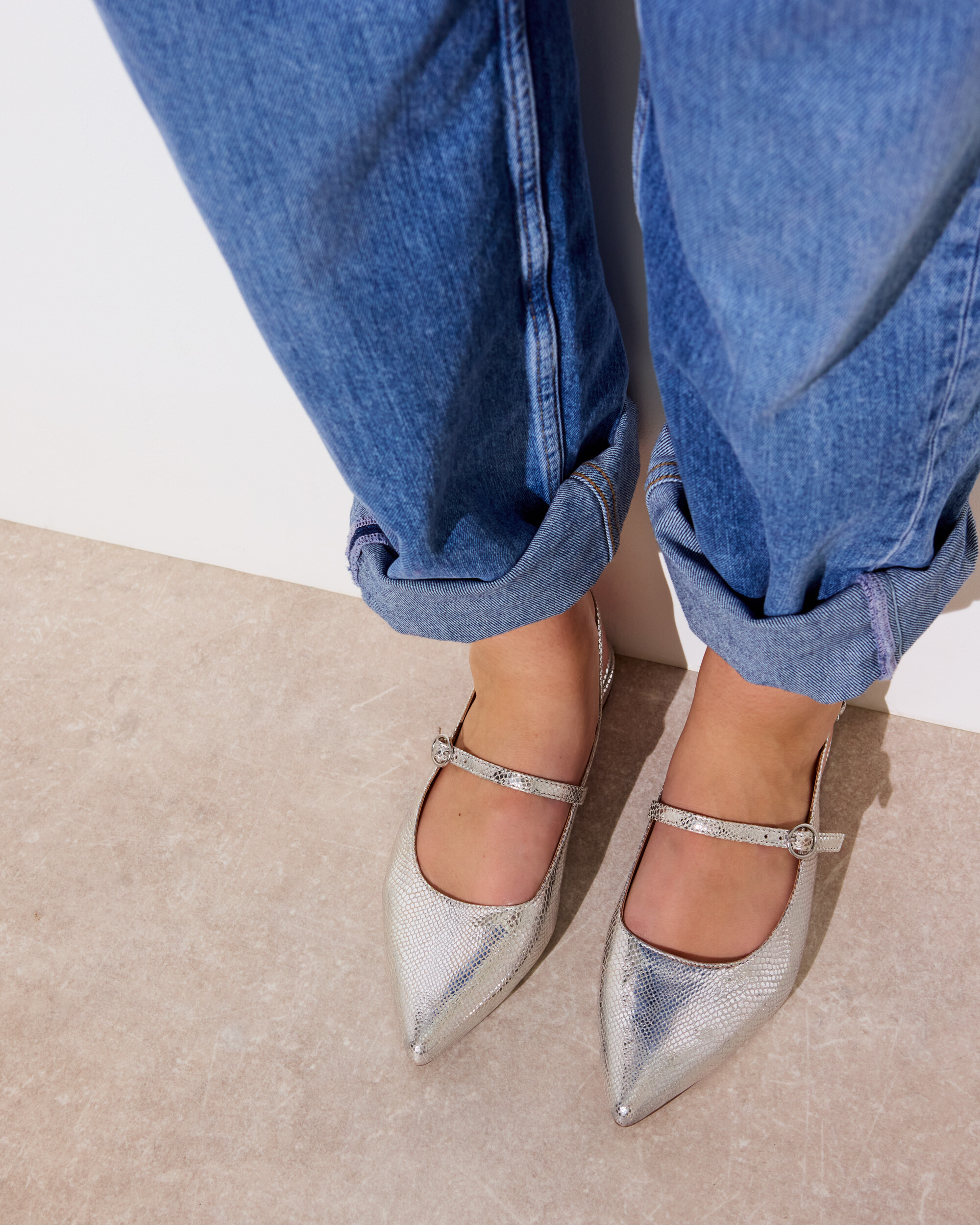 Mary Jane Silver Metallic Leather Slingbacks | Oliver Bonas