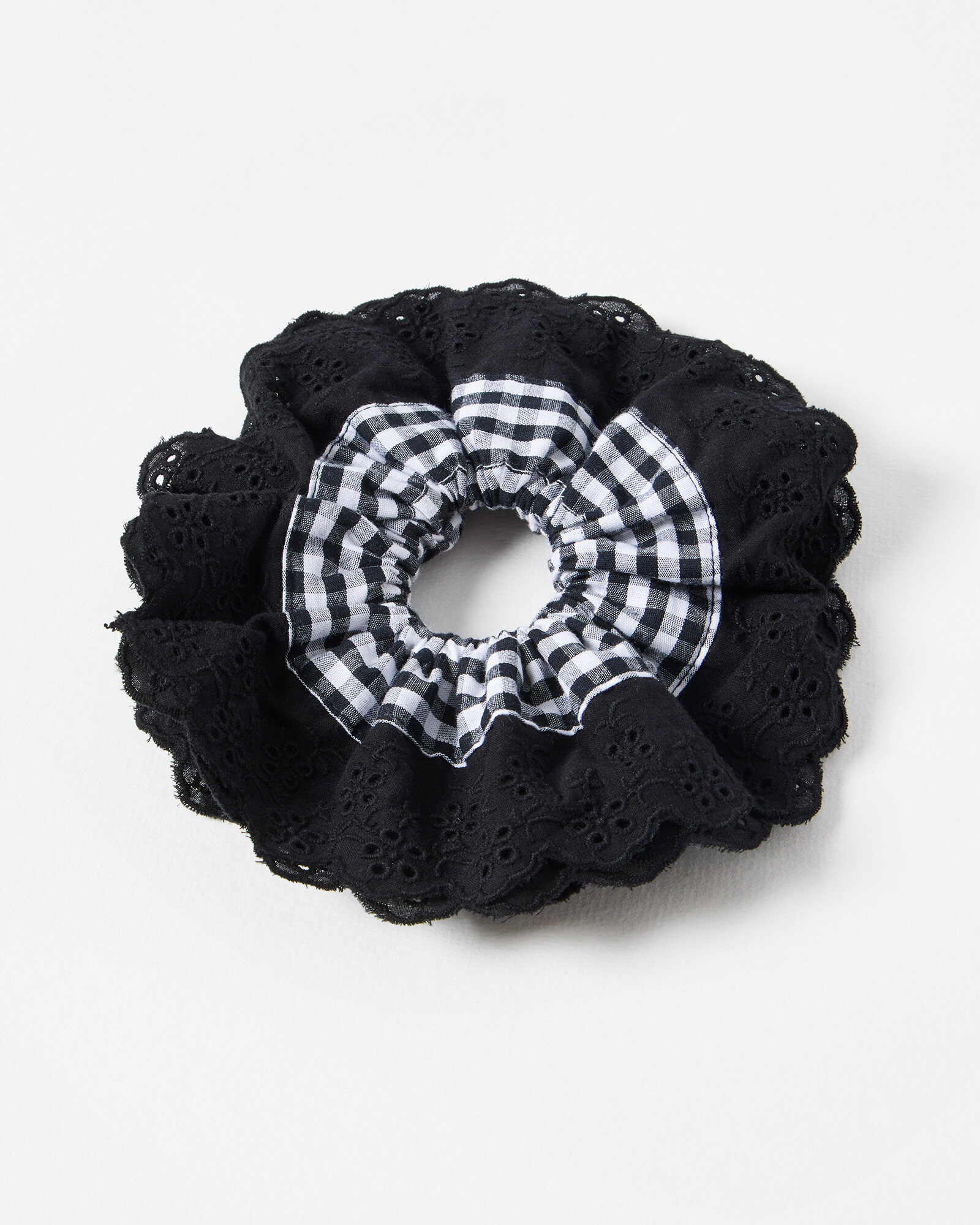 Miller Black Broderie & Gingham Large Scrunchie | Oliver Bonas