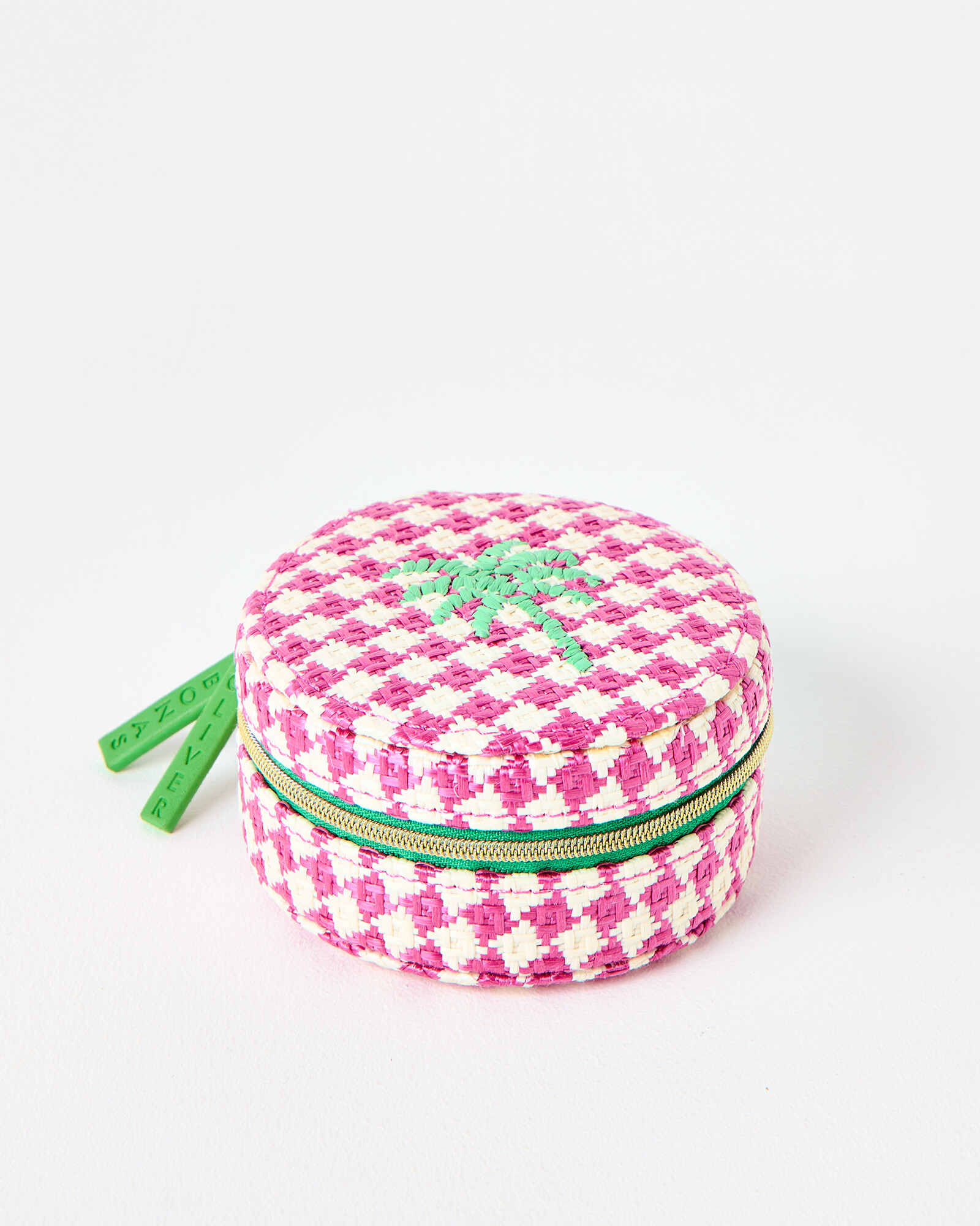 Woven Pink Chequerboard Round Jewellery Box | Oliver Bonas