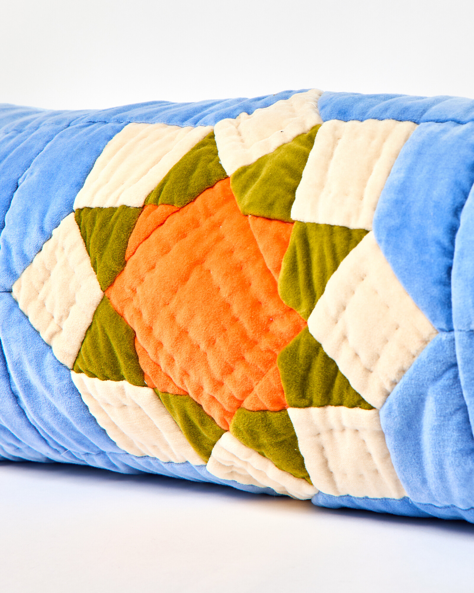 Patchwork Quilted Blue Bolster Cushion 32x95cm | Oliver Bonas