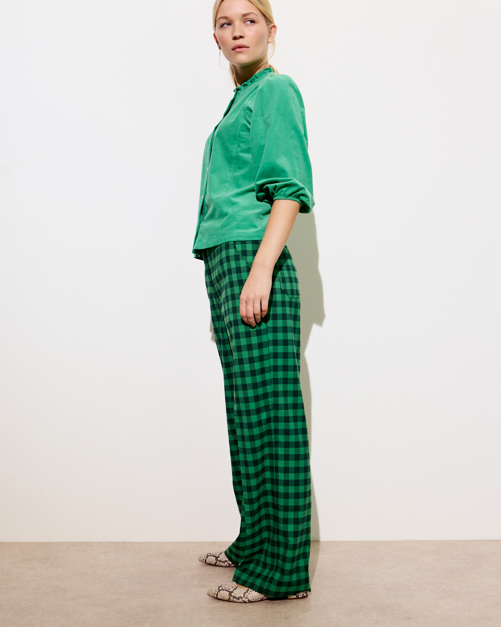 Green Checked Wide Leg Trousers | Oliver Bonas