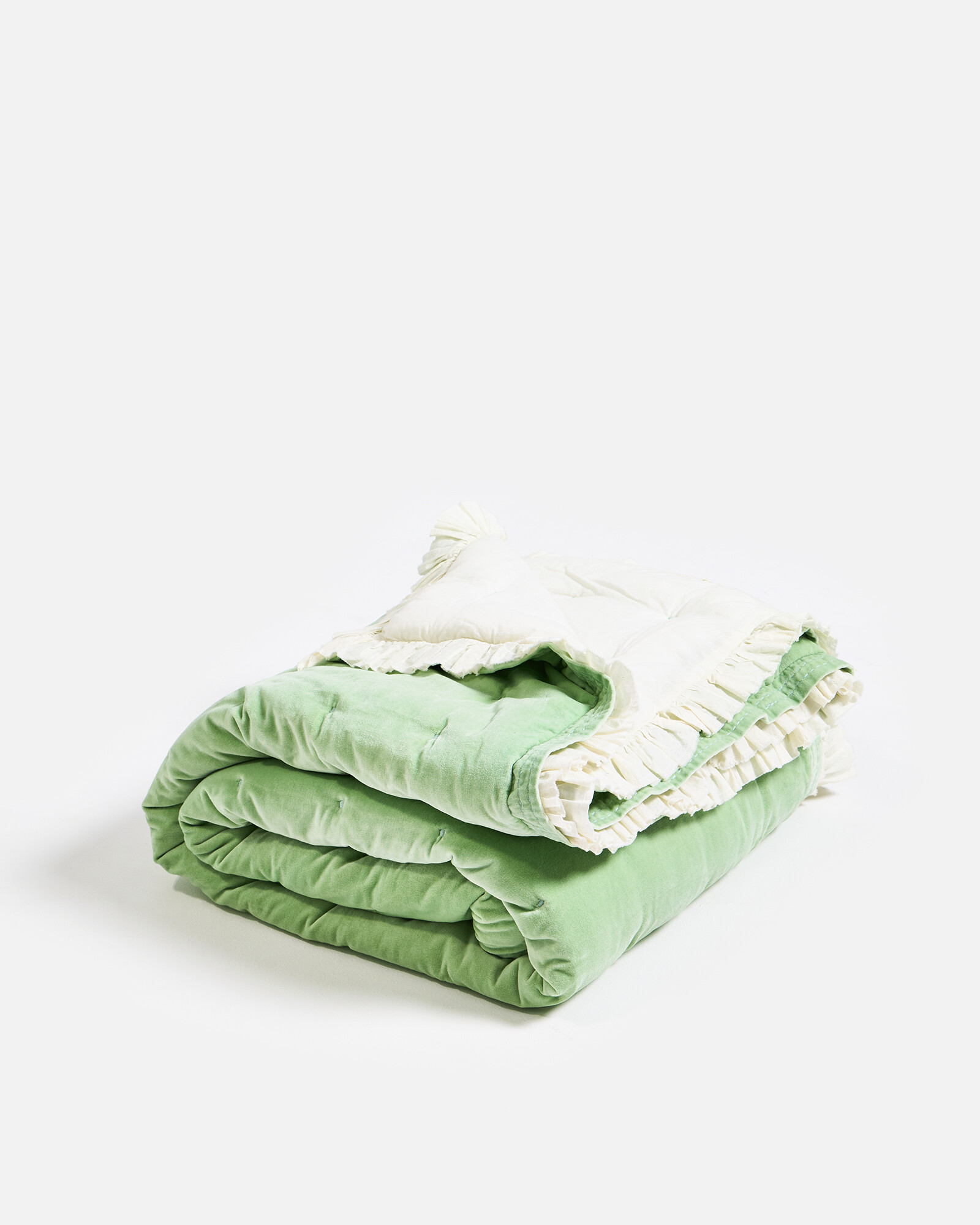Green Velvet Ruffle Trim Bedspread | Oliver Bonas