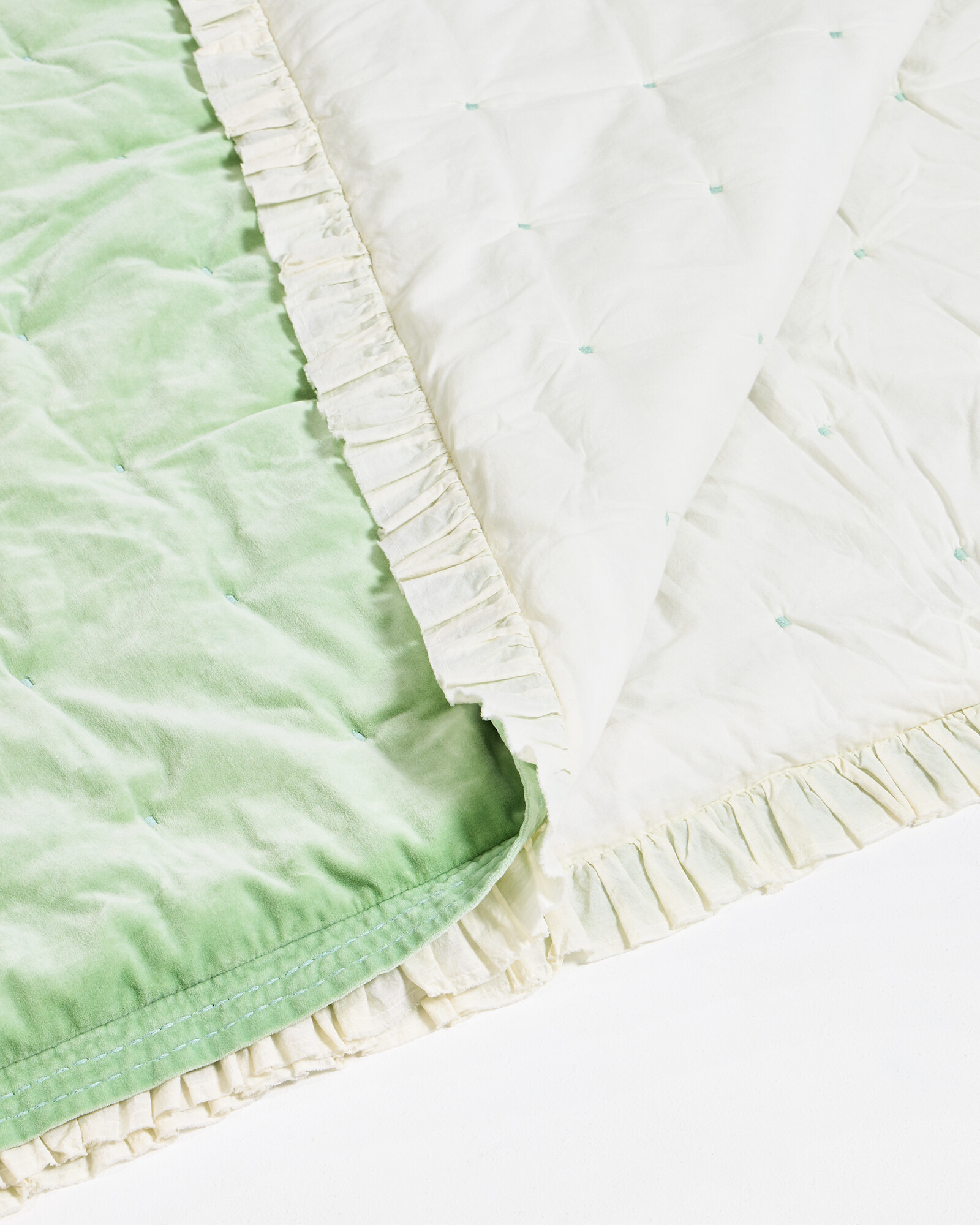 Green Ruffle Trim Velvet Quilt | Oliver Bonas