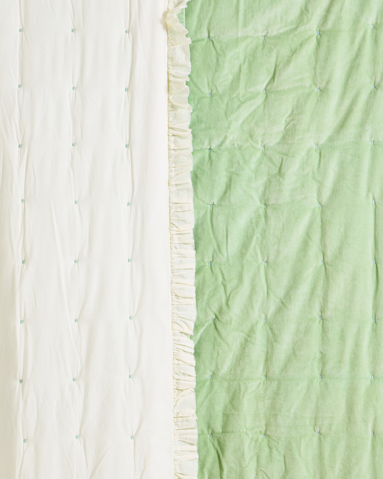Green Ruffle Trim Velvet Quilt | Oliver Bonas