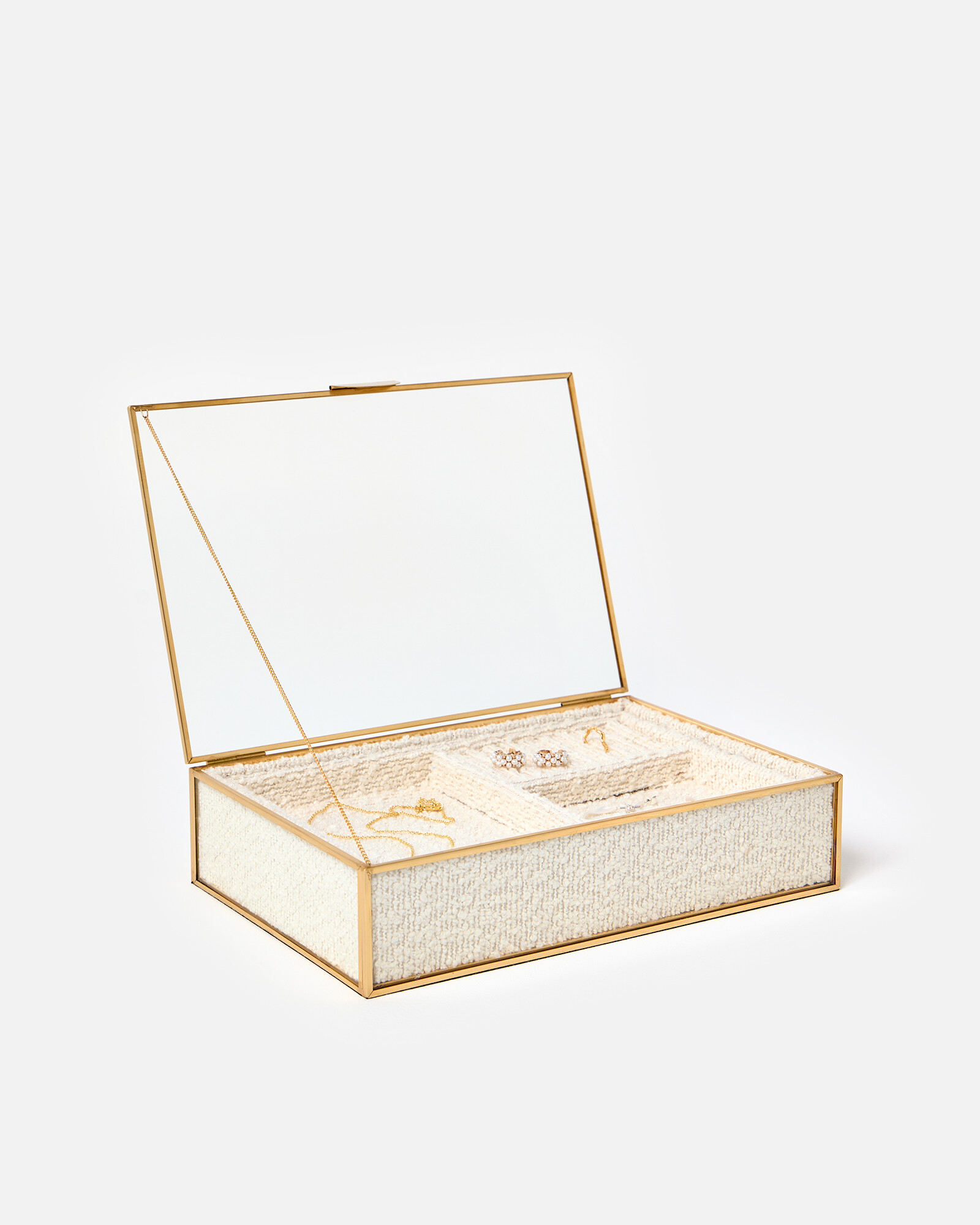 Gold & Glass Cream Boucle Jewellery Box | Oliver Bonas
