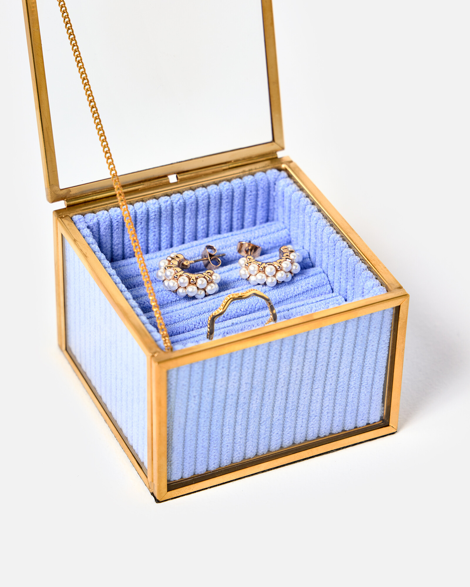 Gold & Glass Blue Corduroy Ring Holder Jewellery Box | Oliver Bonas