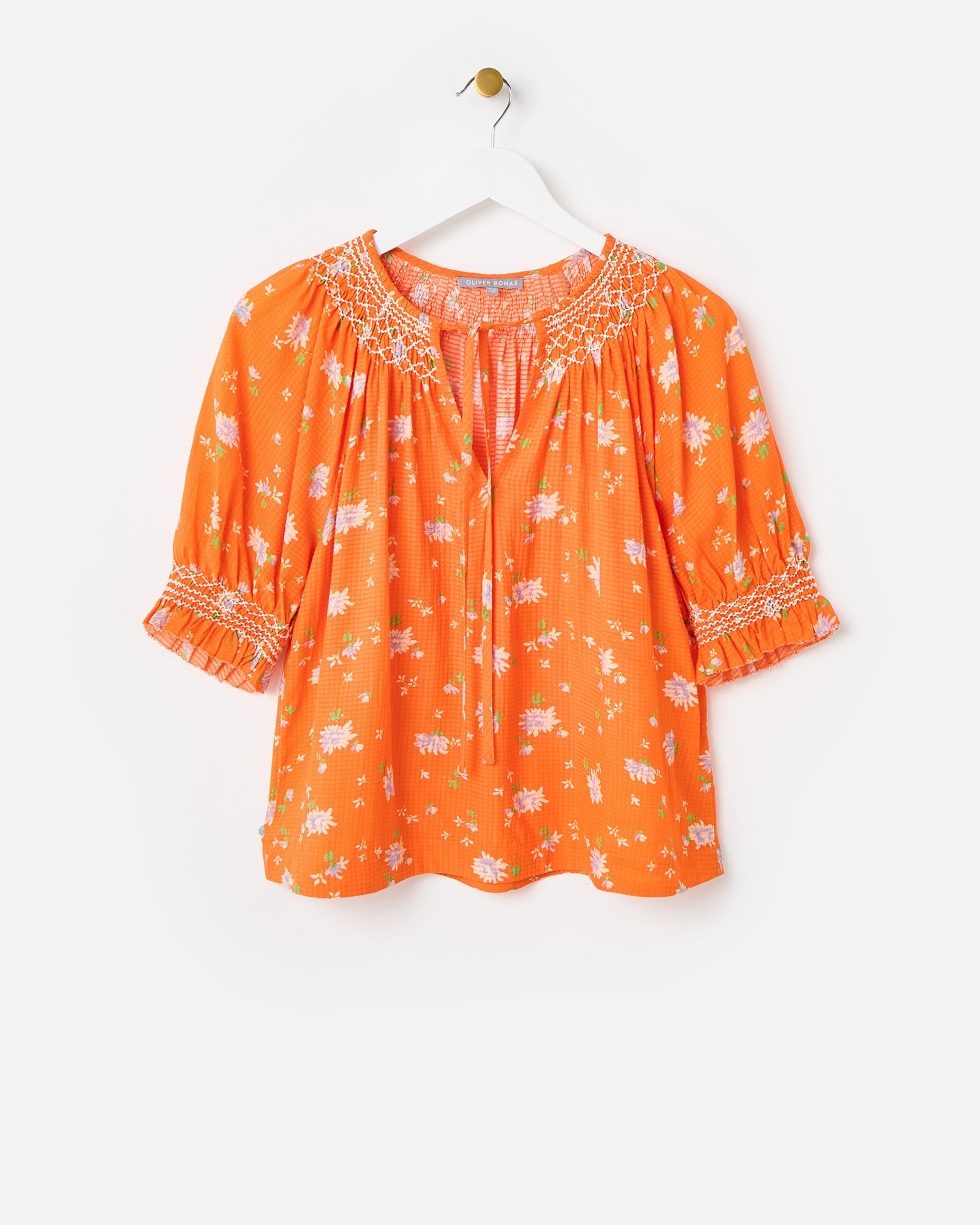 Orange Floral Textured Shirred Blouse | Oliver Bonas