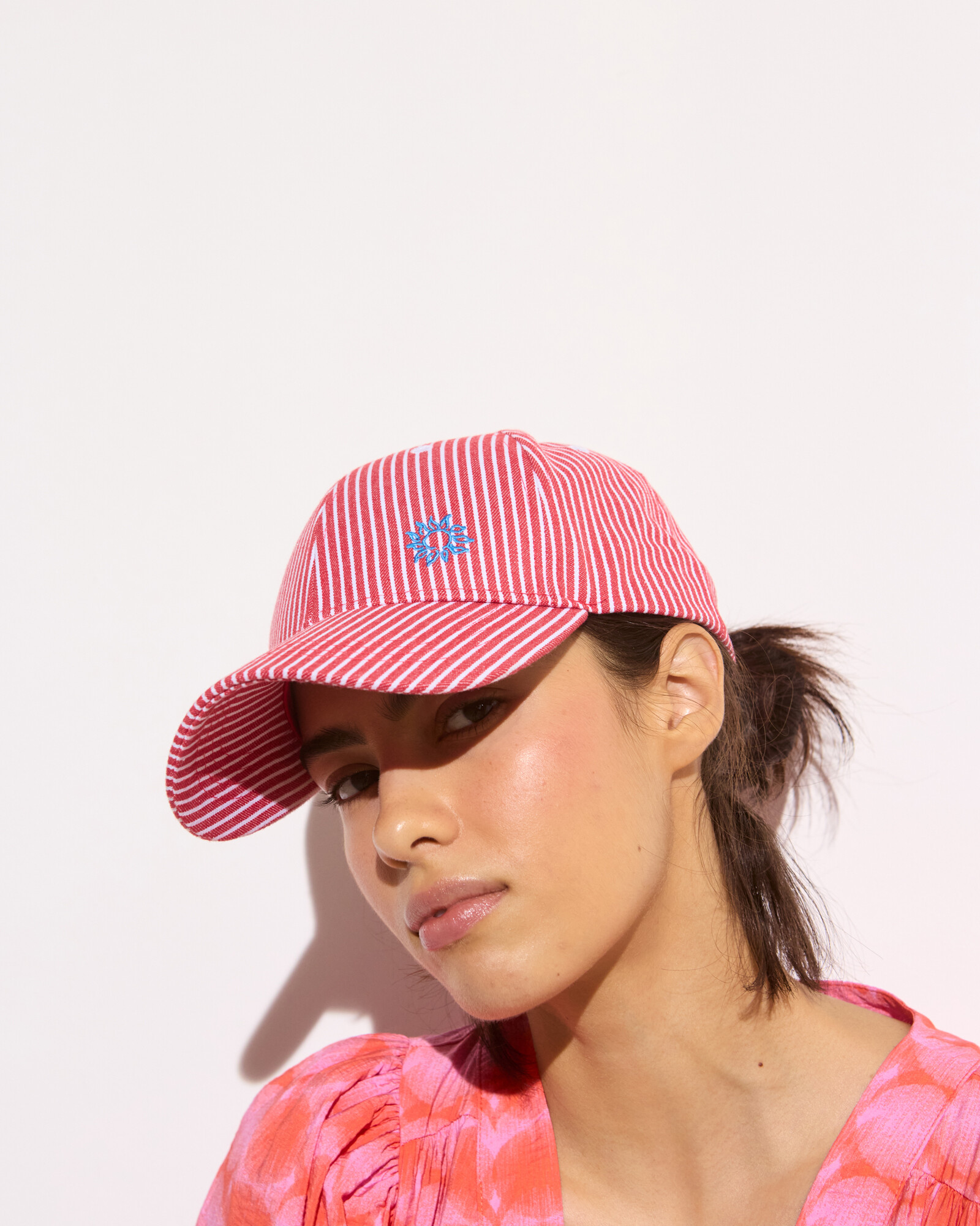 Red & White Pinstripe Cap Hat | Oliver Bonas