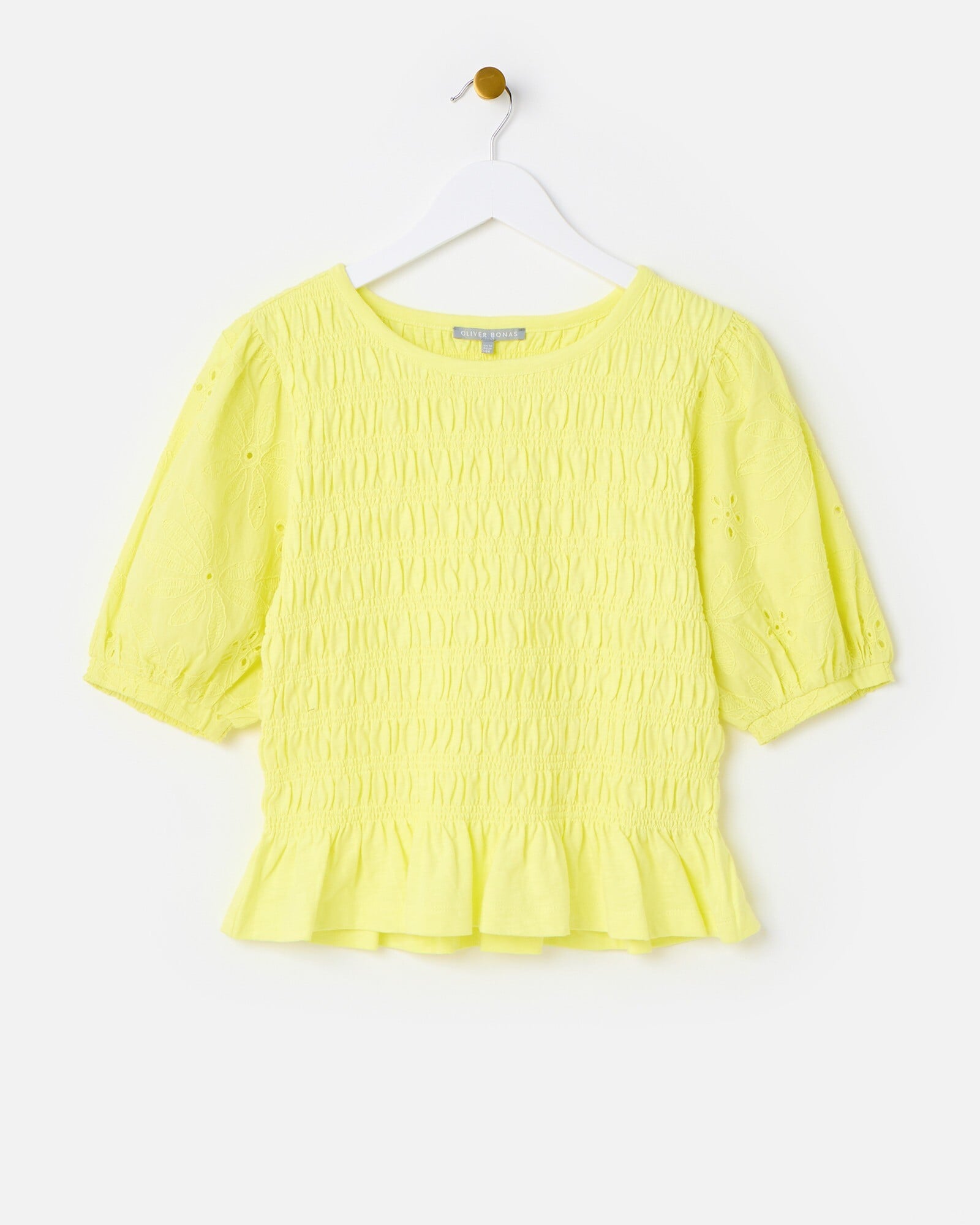 Yellow Shirred Broderie Puff Sleeve Top | Oliver Bonas
