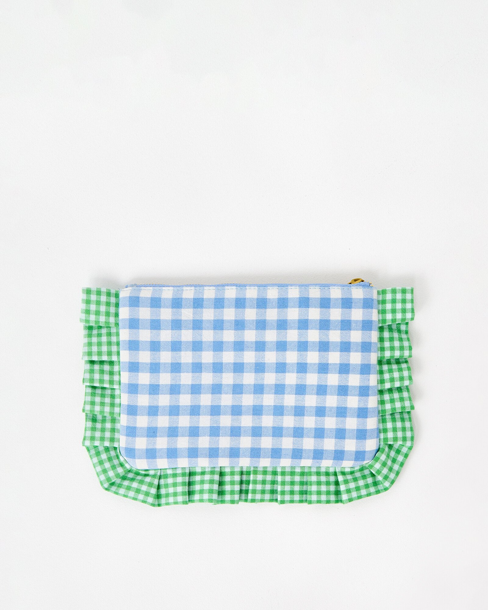 Blue & Green Gingham Ruffle Zipped Pouch | Oliver Bonas