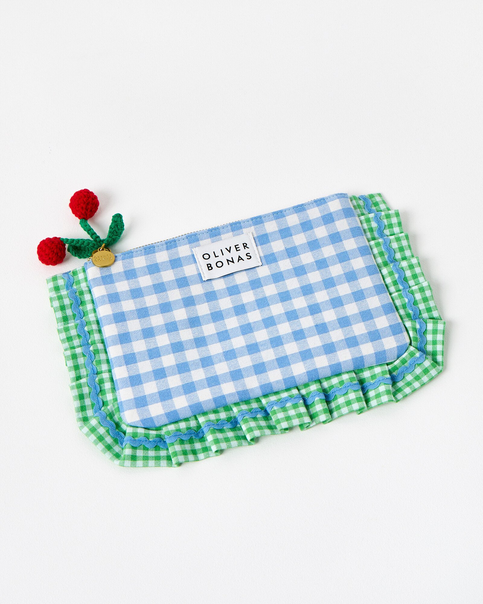 Blue & Green Gingham Ruffle Zipped Pouch | Oliver Bonas