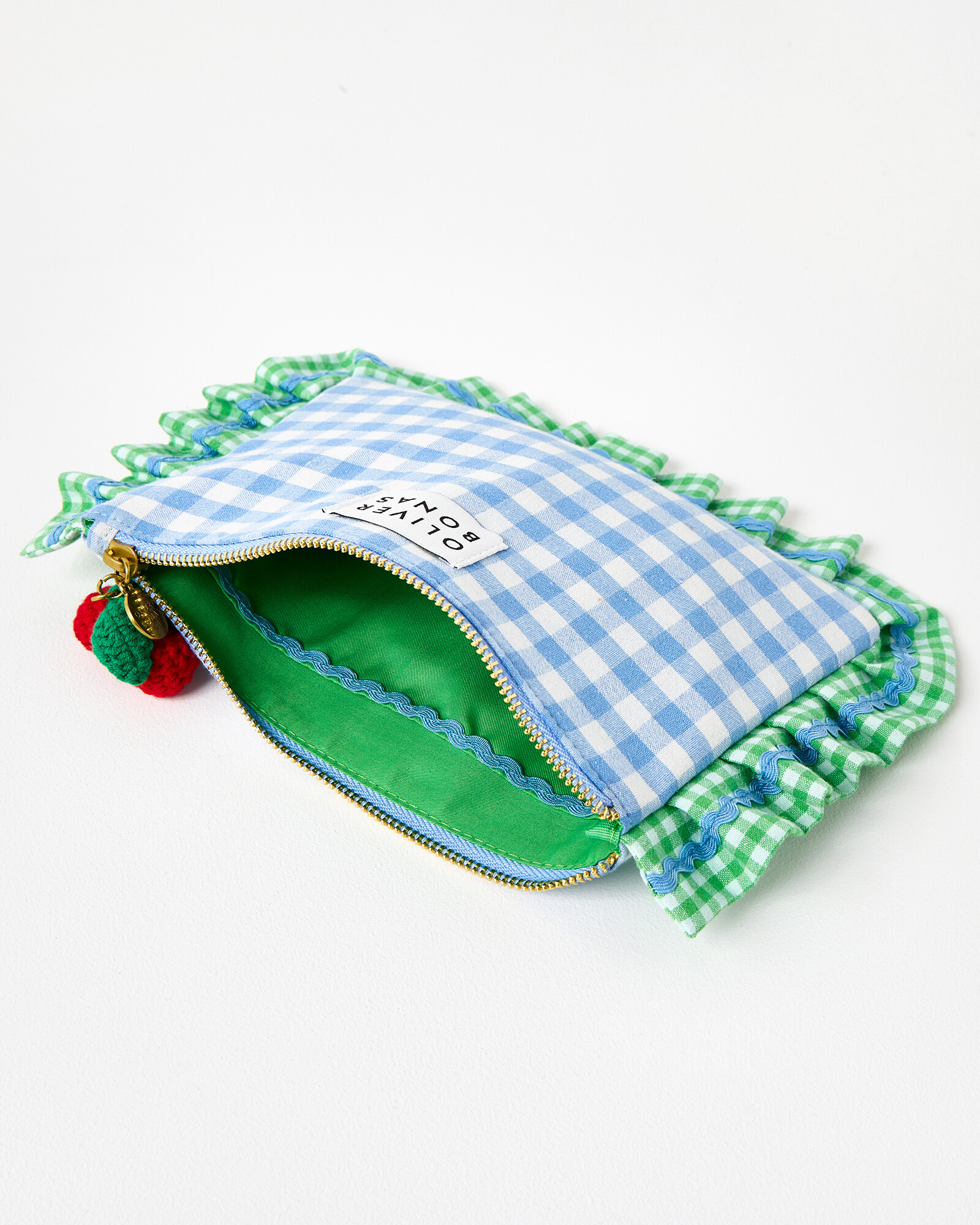 Blue & Green Gingham Ruffle Zipped Pouch | Oliver Bonas