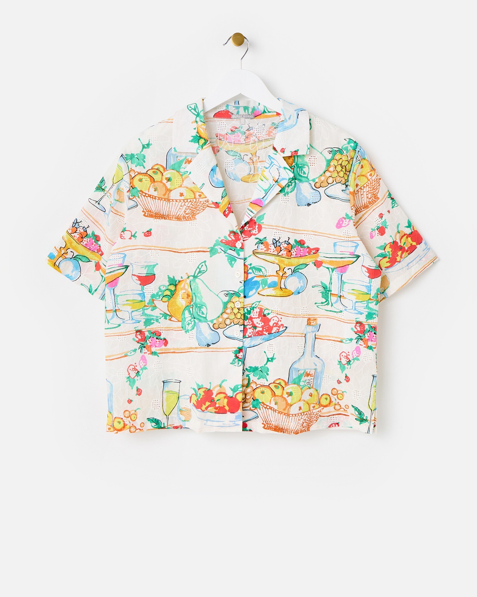 White Floral Embroidered Fruit Print Short Sleeve Shirt | Oliver Bonas