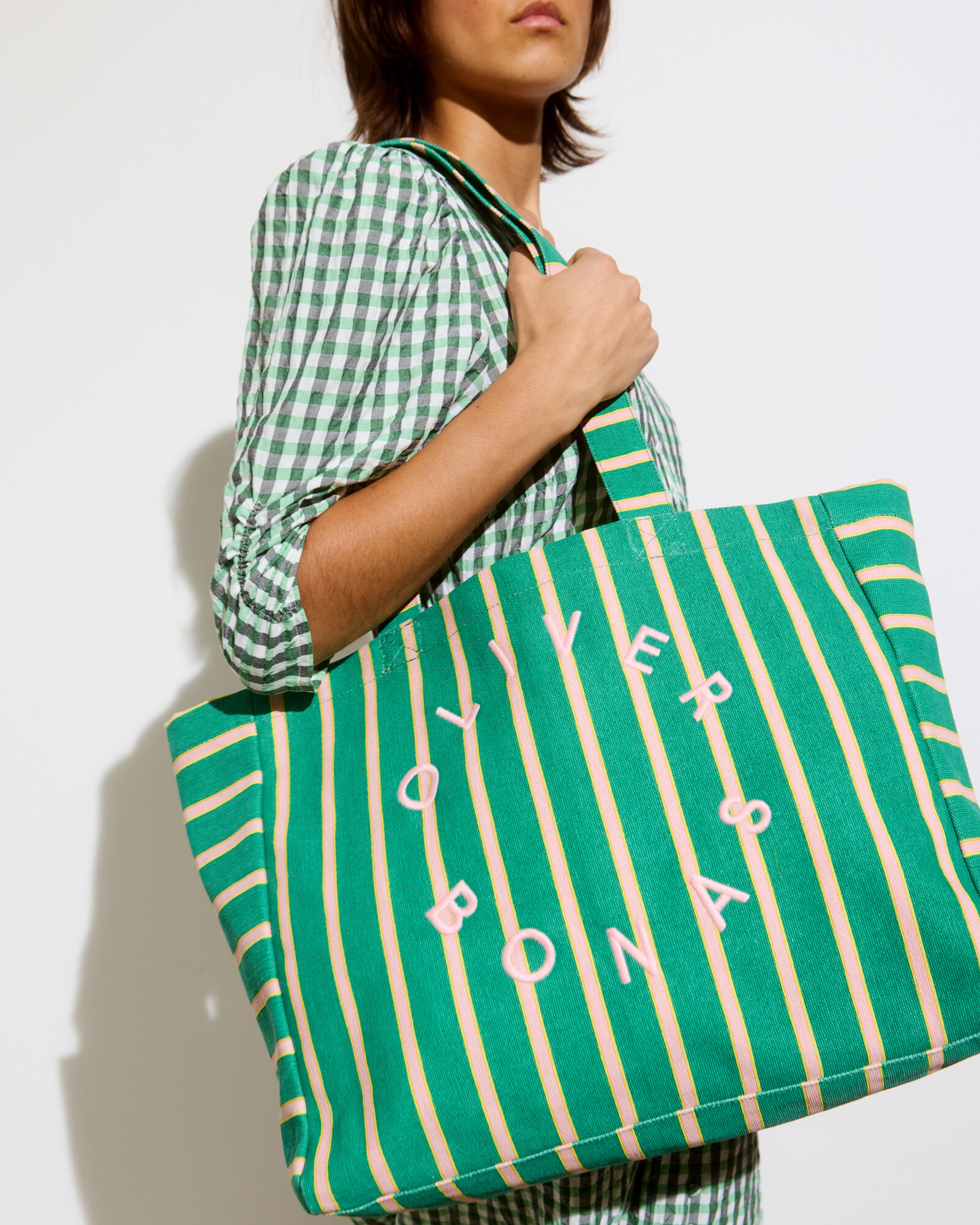 Green & Light Pink Striped Logo Fabric Tote Shopper Bag | Oliver Bonas