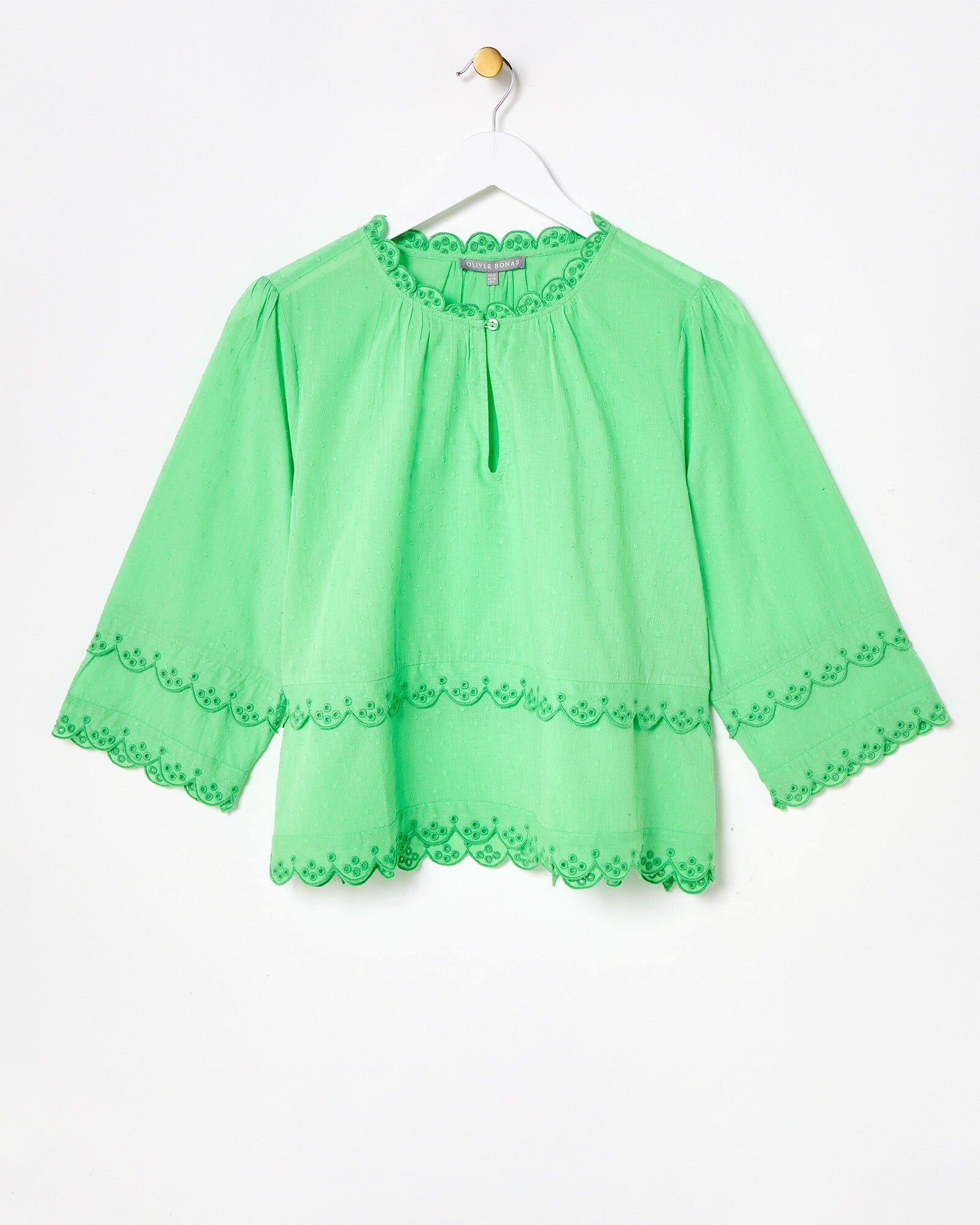 Green Textured Broderie Frill Cotton Blouse | Oliver Bonas