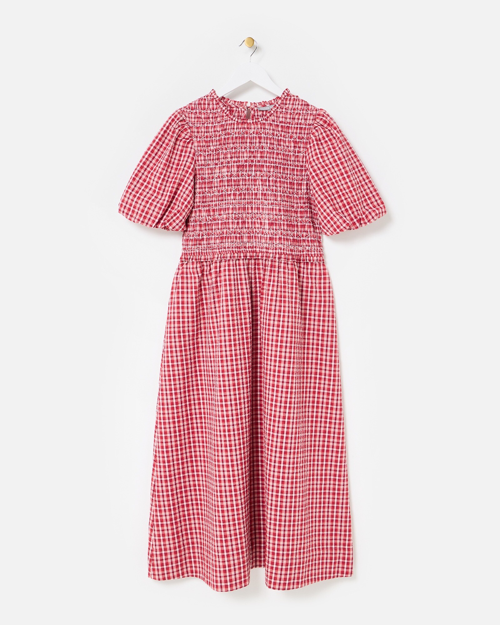 Red Gingham Shirred Bodice Puff Sleeve Midi Dress | Oliver Bonas
