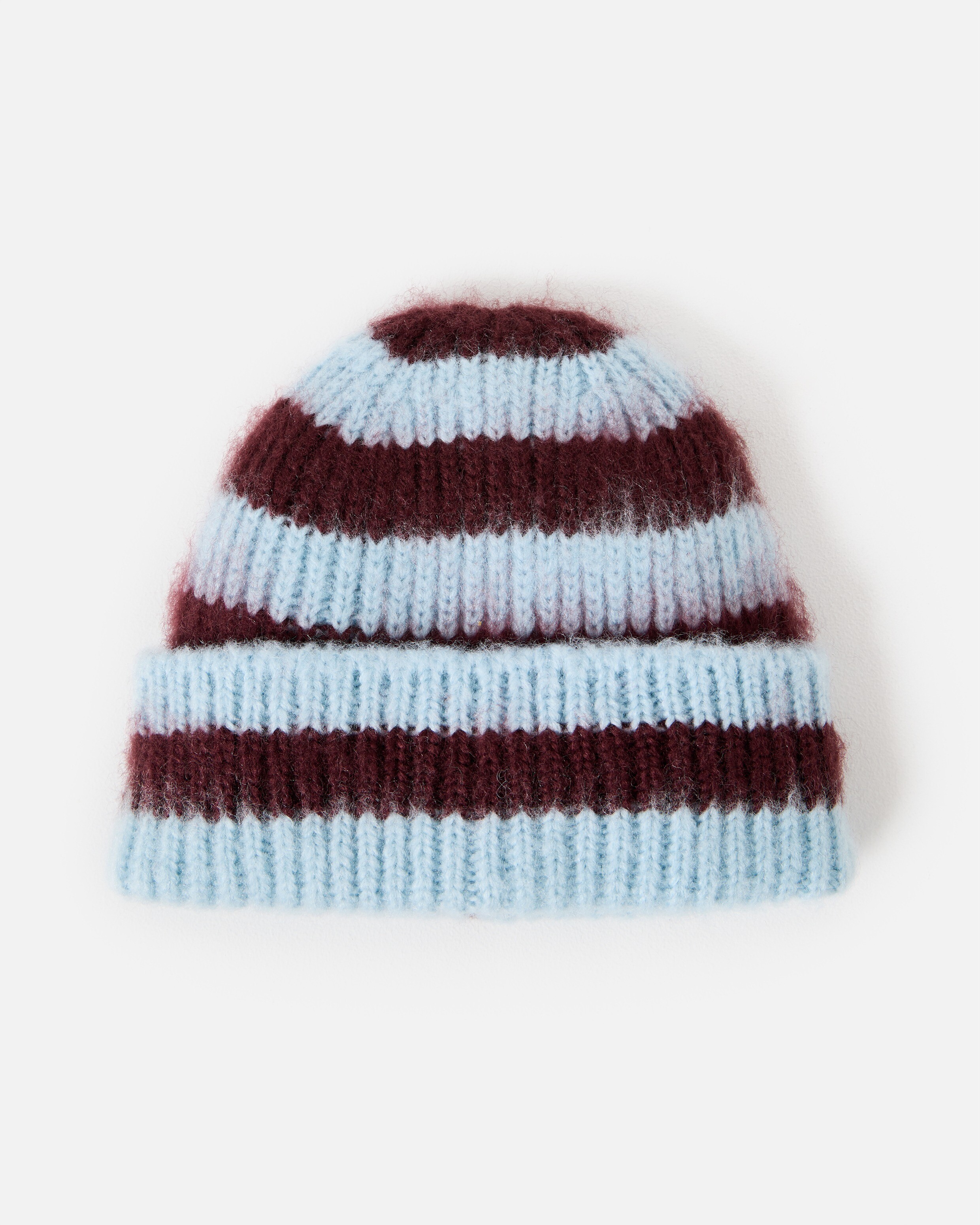 Blue & Burgundy Striped Fluffy Knitted Beanie Hat | Oliver Bonas