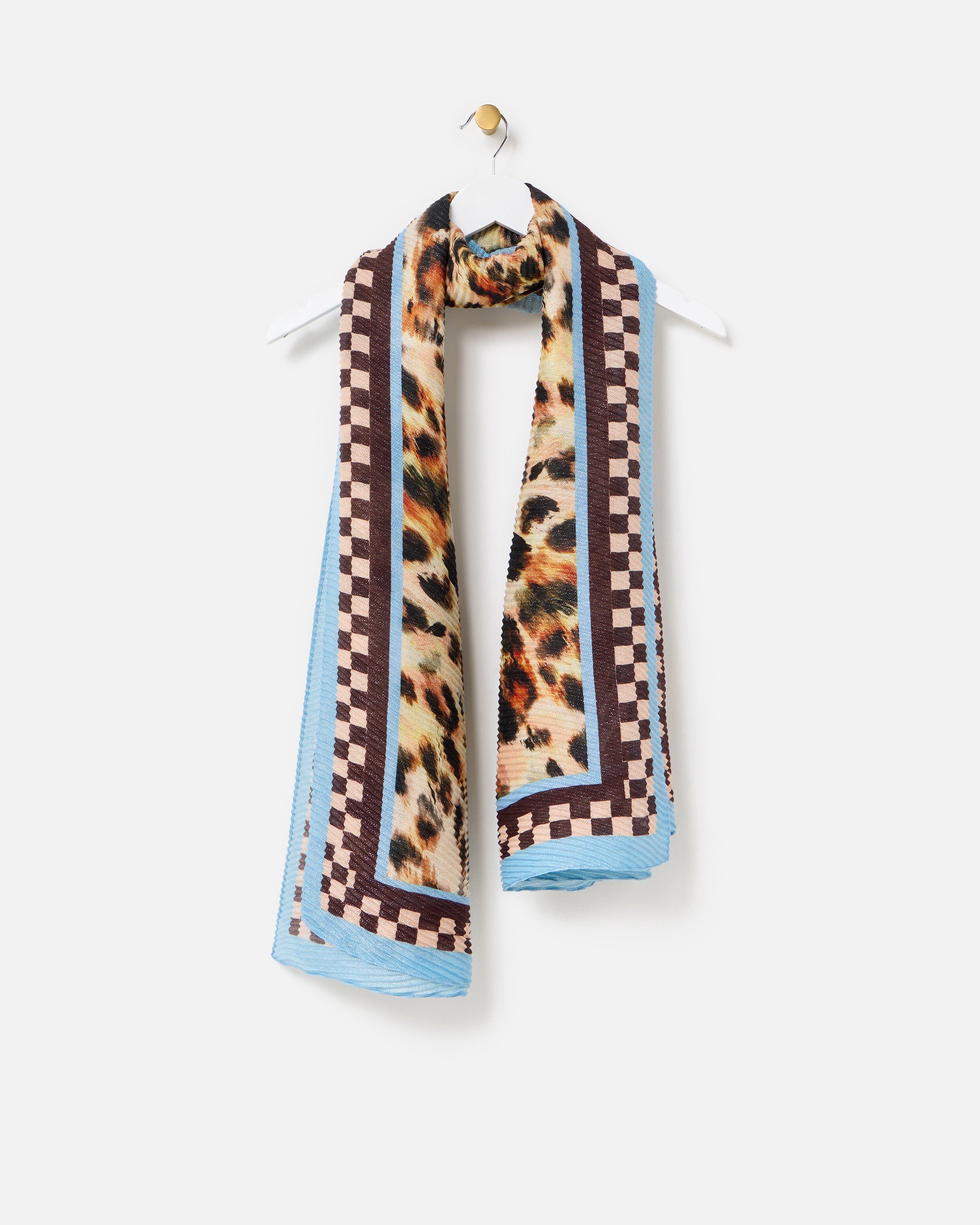 Brown Animal Print & Chequerboard Pleated Lightweight Scarf | Oliver Bonas