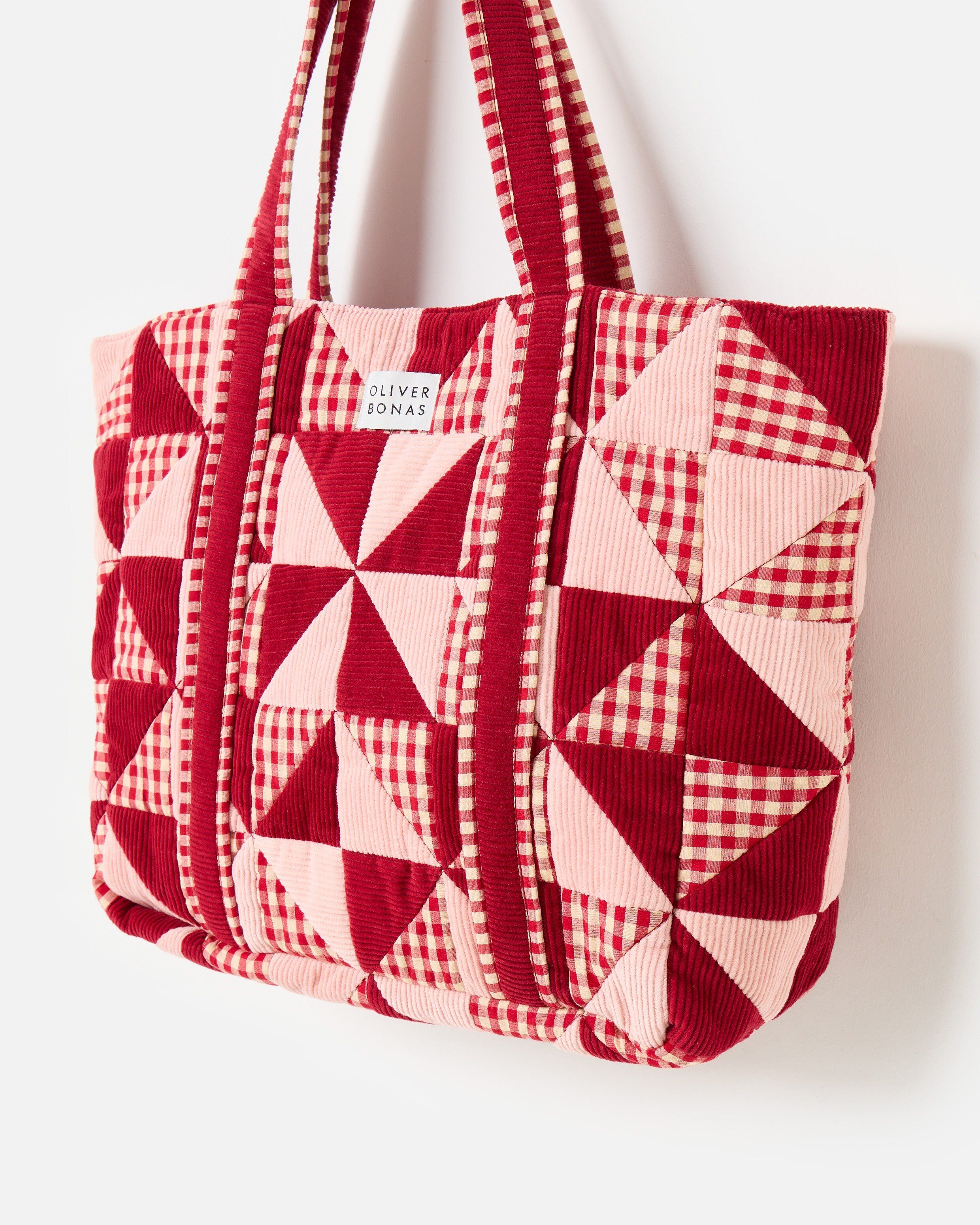 Emily Red & Pink Patchwork Corduroy Cotton Tote Bag | Oliver Bonas