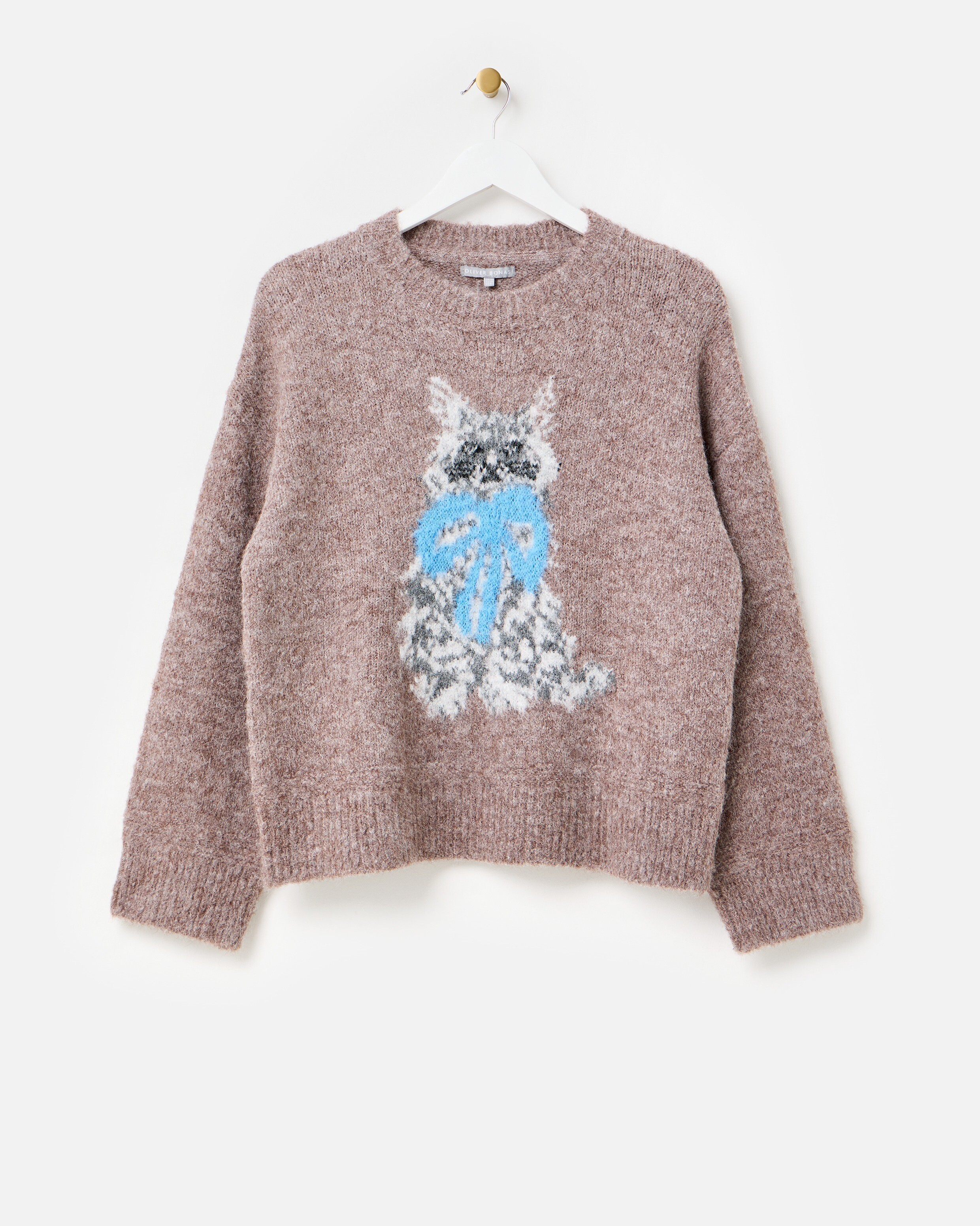 Mocha Brown Cuthbert Cat Crew Neck Knitted Jumper | Oliver Bonas
