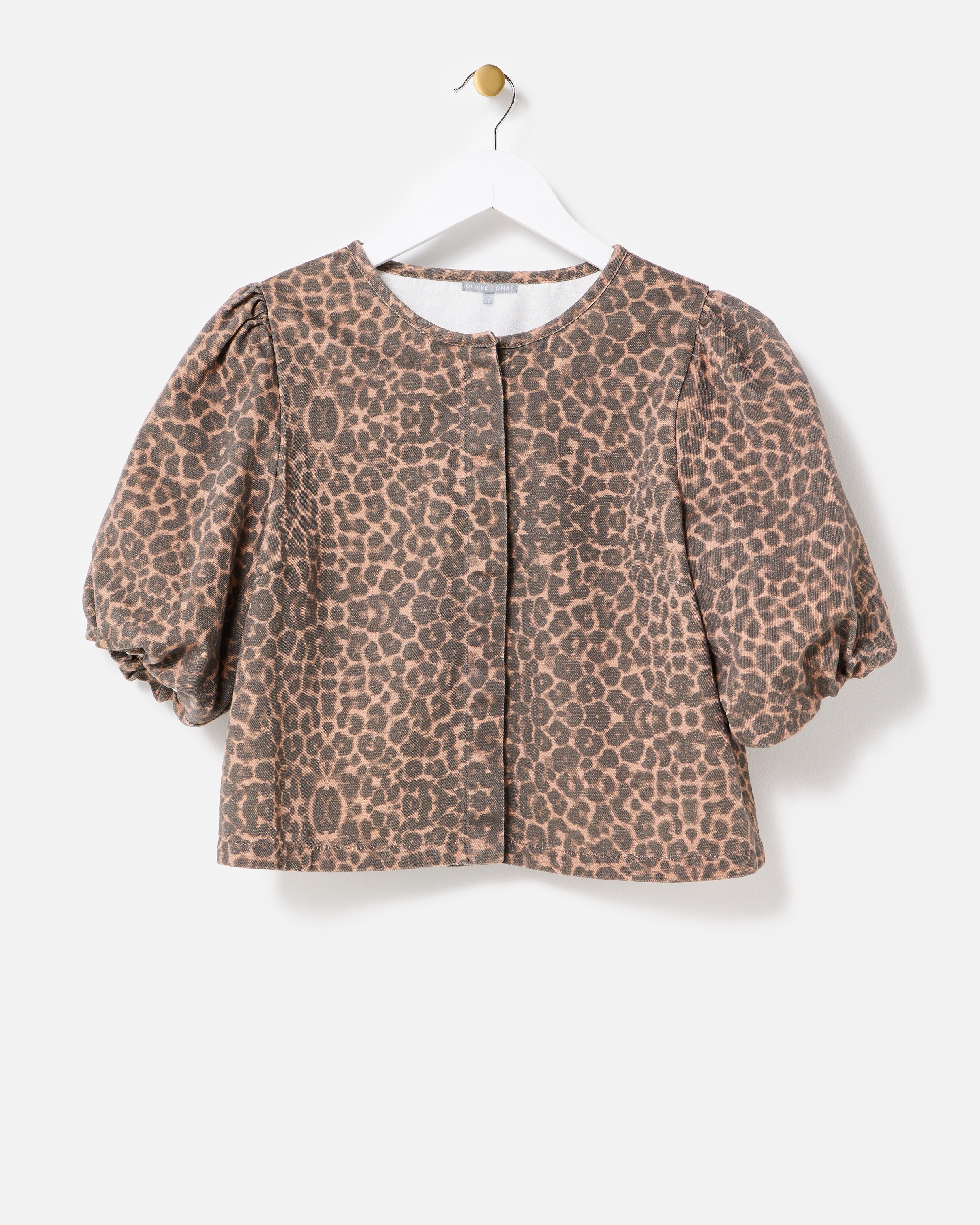 Brown Animal Print Denim Puff Sleeve Top | Oliver Bonas