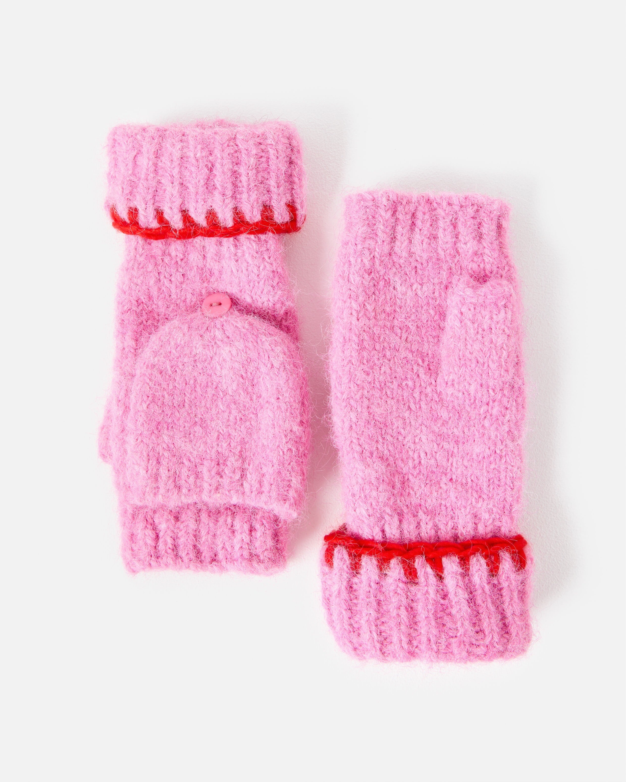Pink & Red Blanket Stitch Knitted Fingerless Mitten Gloves | Oliver Bonas