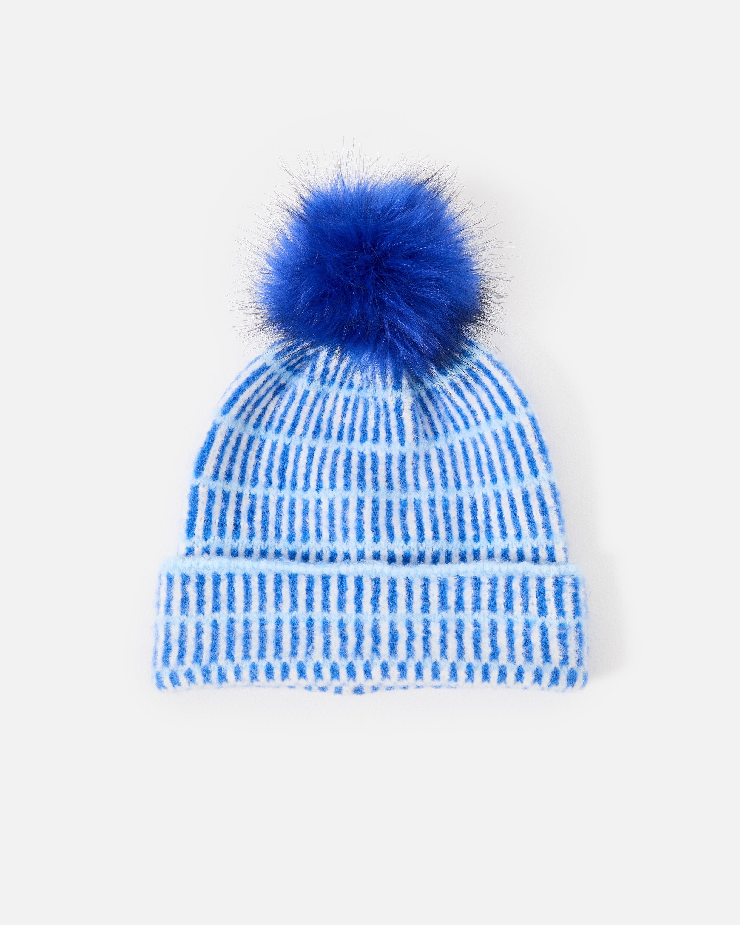 White & Blue Striped Pom Pom Bobble Hat | Oliver Bonas