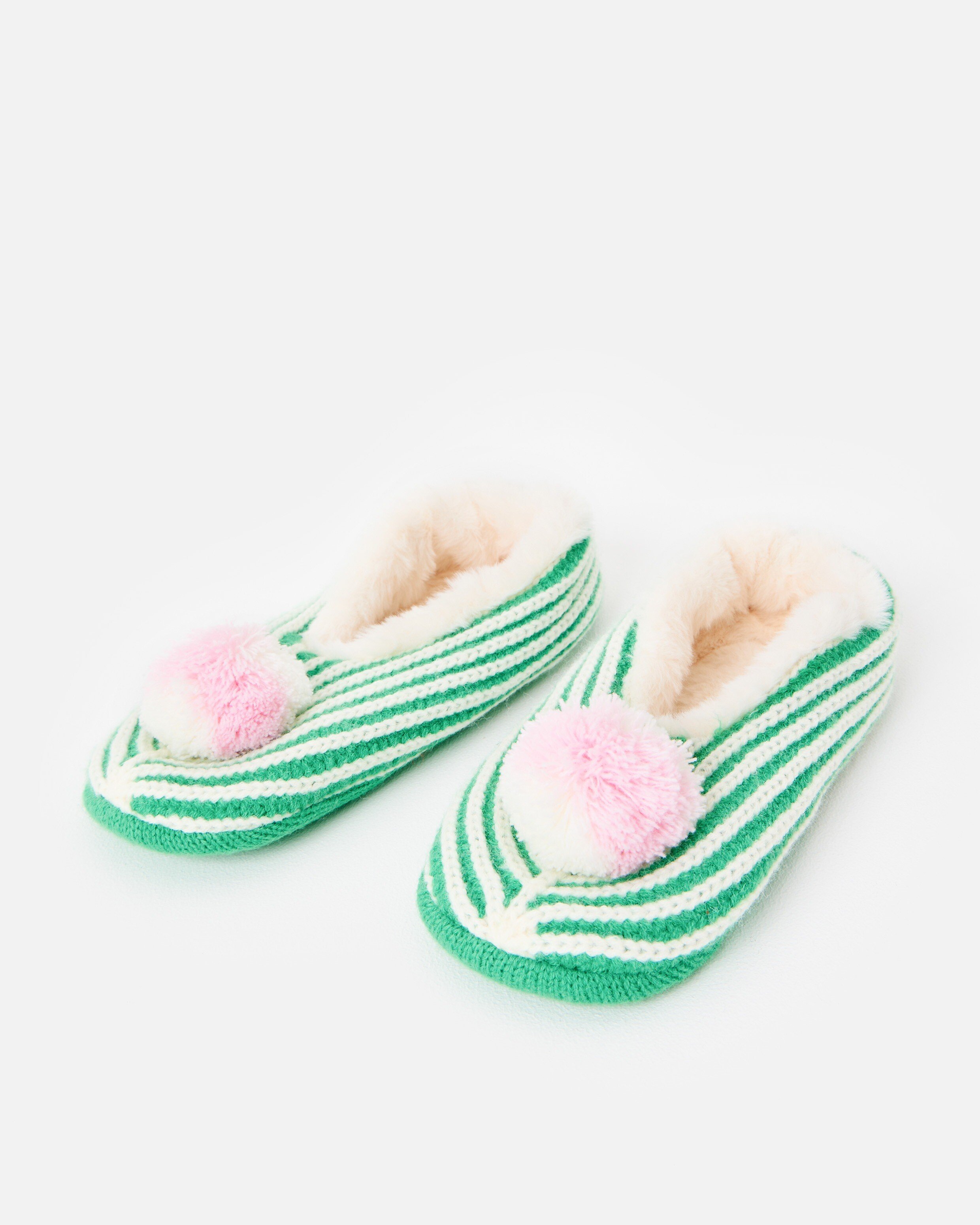 Green & Cream Striped Knitted Pom Pom Slippers | Oliver Bonas