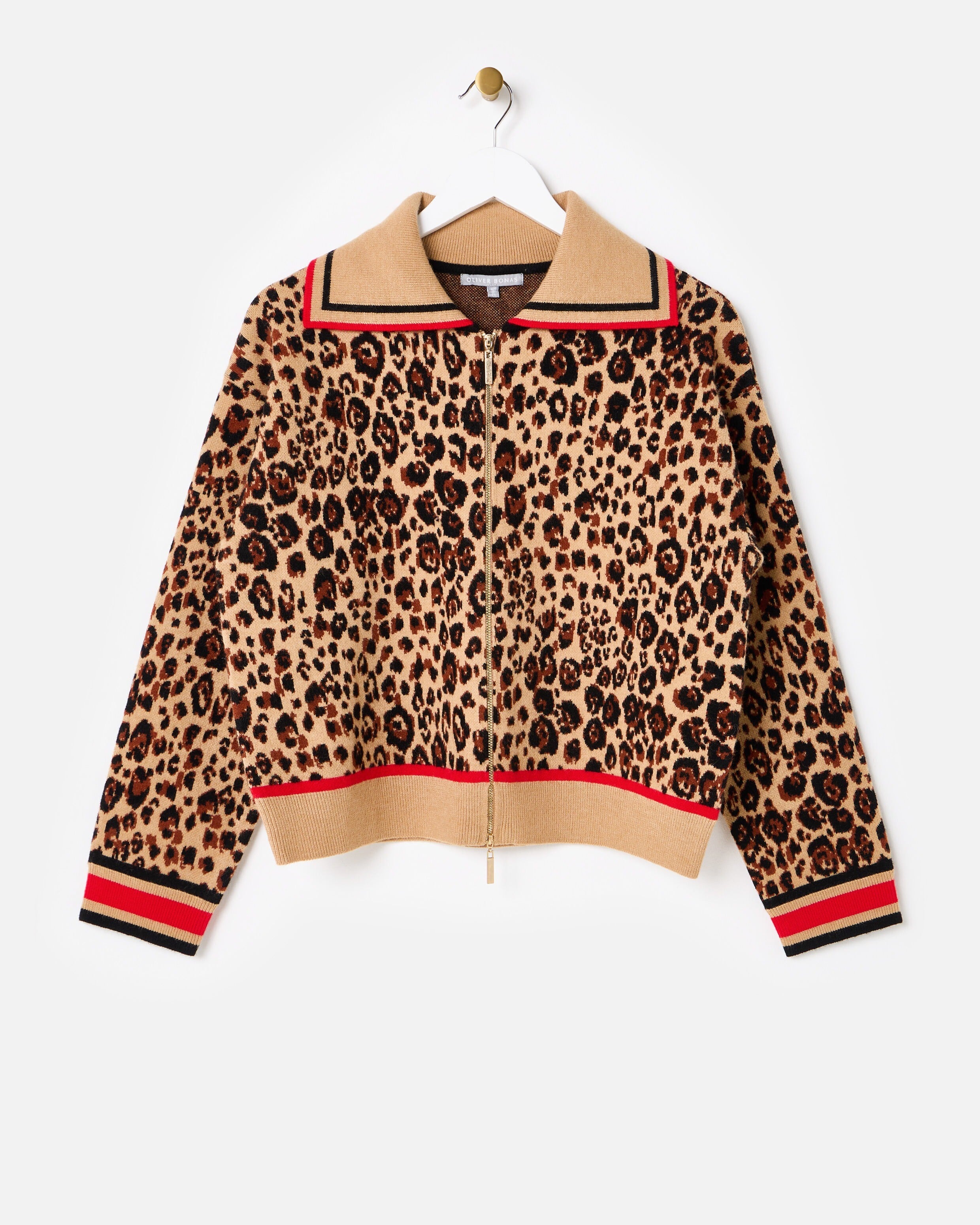 Brown Animal Print Zip Up Knitted Bomber Jacket | Oliver Bonas