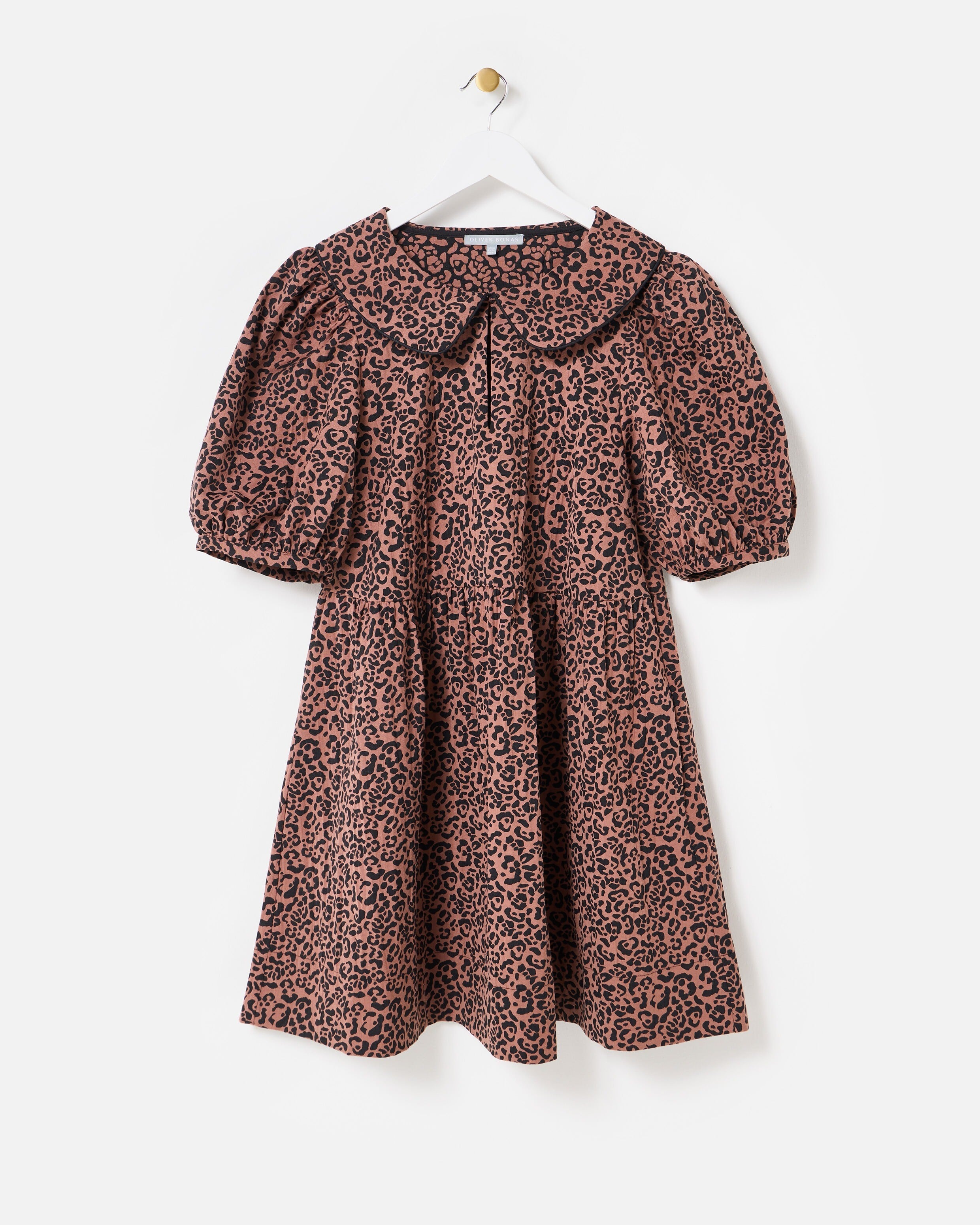 Brown Animal Print Puff Sleeve Collared Mini Dress | Oliver Bonas