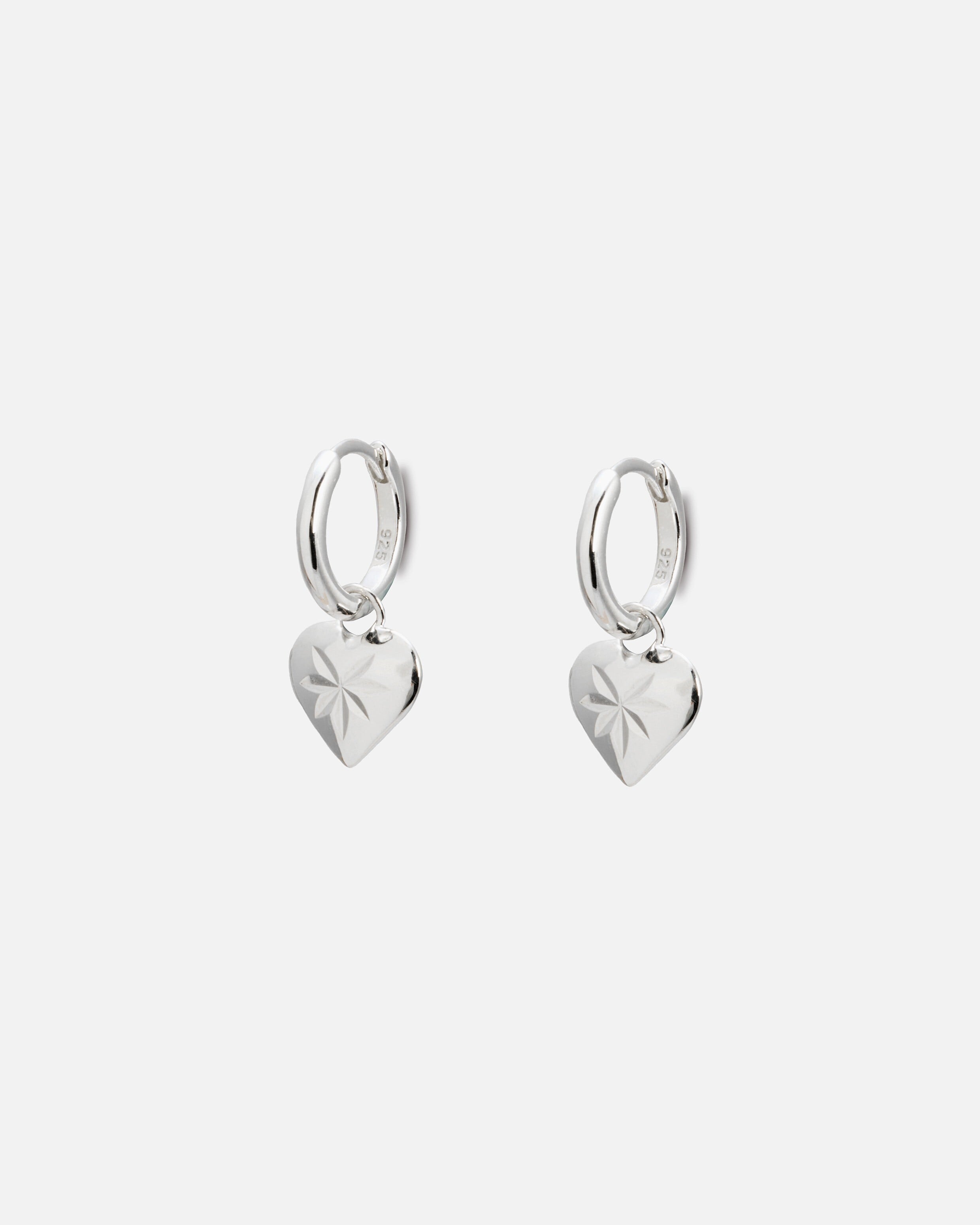 Cora Engraved Heart Charm Silver Hoop Drop Earrings | Oliver Bonas