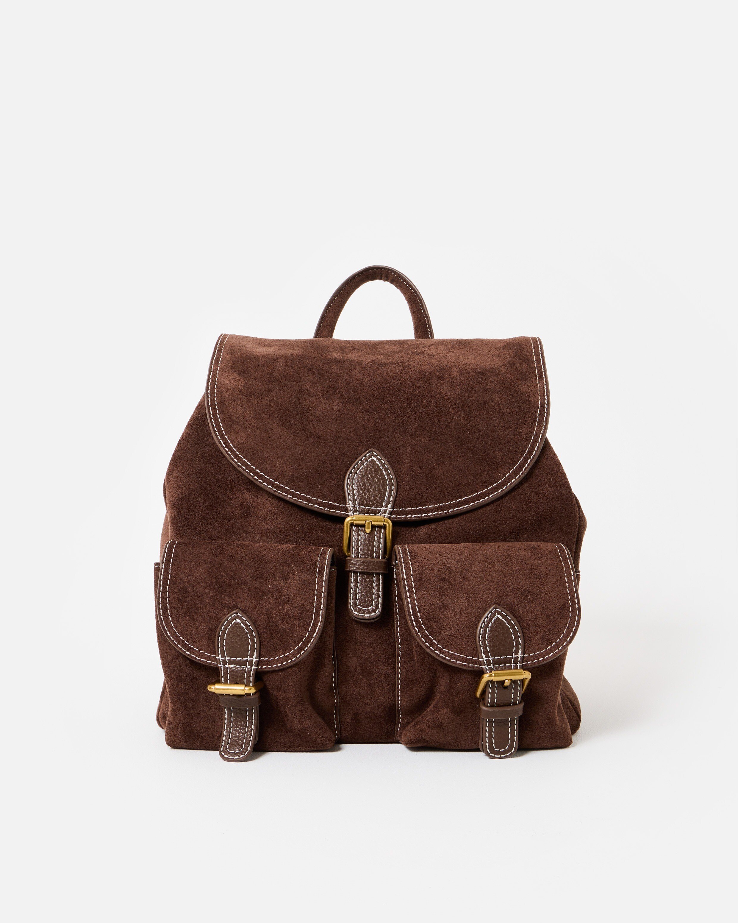 Kerry Chocolate Brown Faux Suede Buckle Backpack | Oliver Bonas