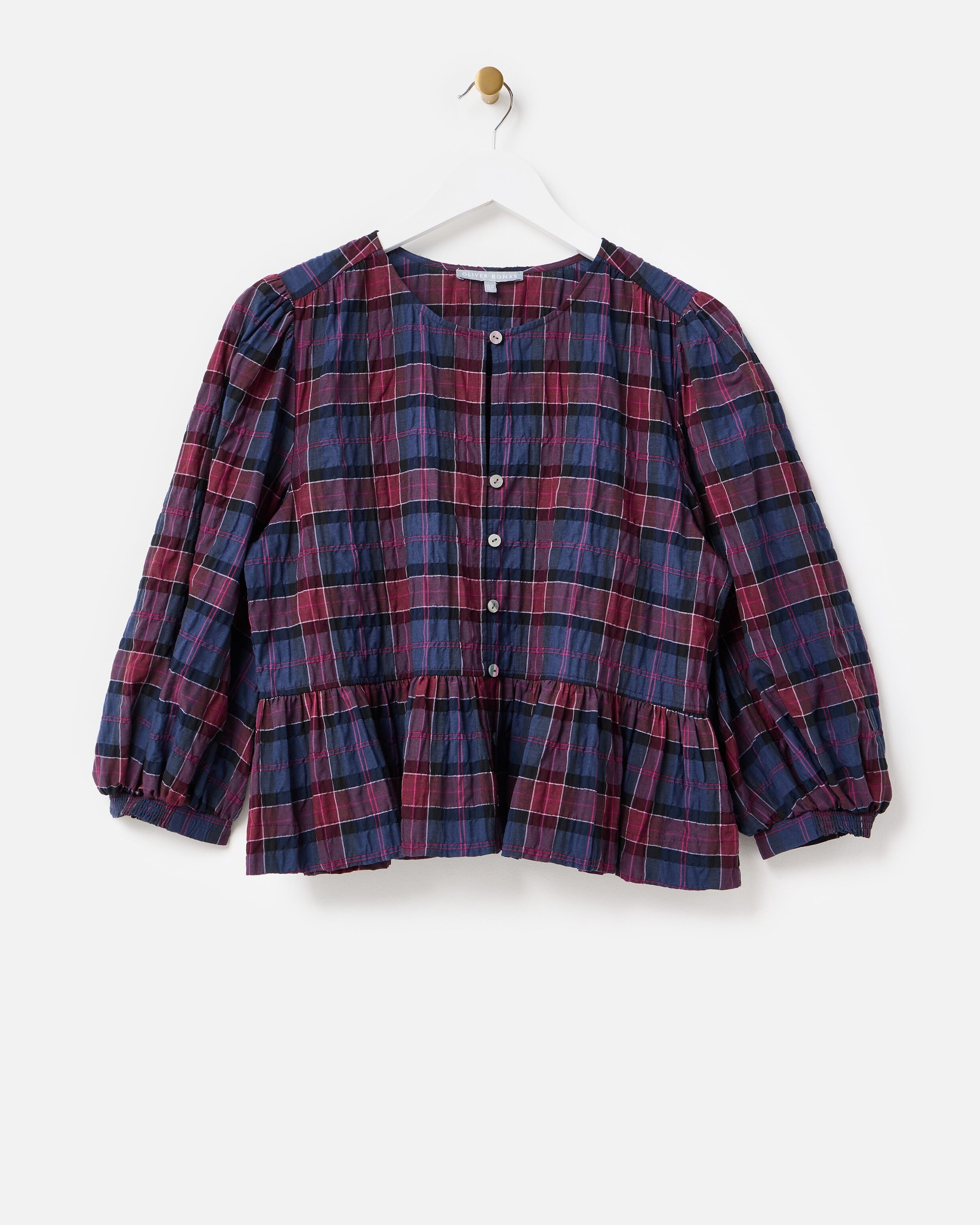 Blue & Red Checked Peplum Blouse | Oliver Bonas