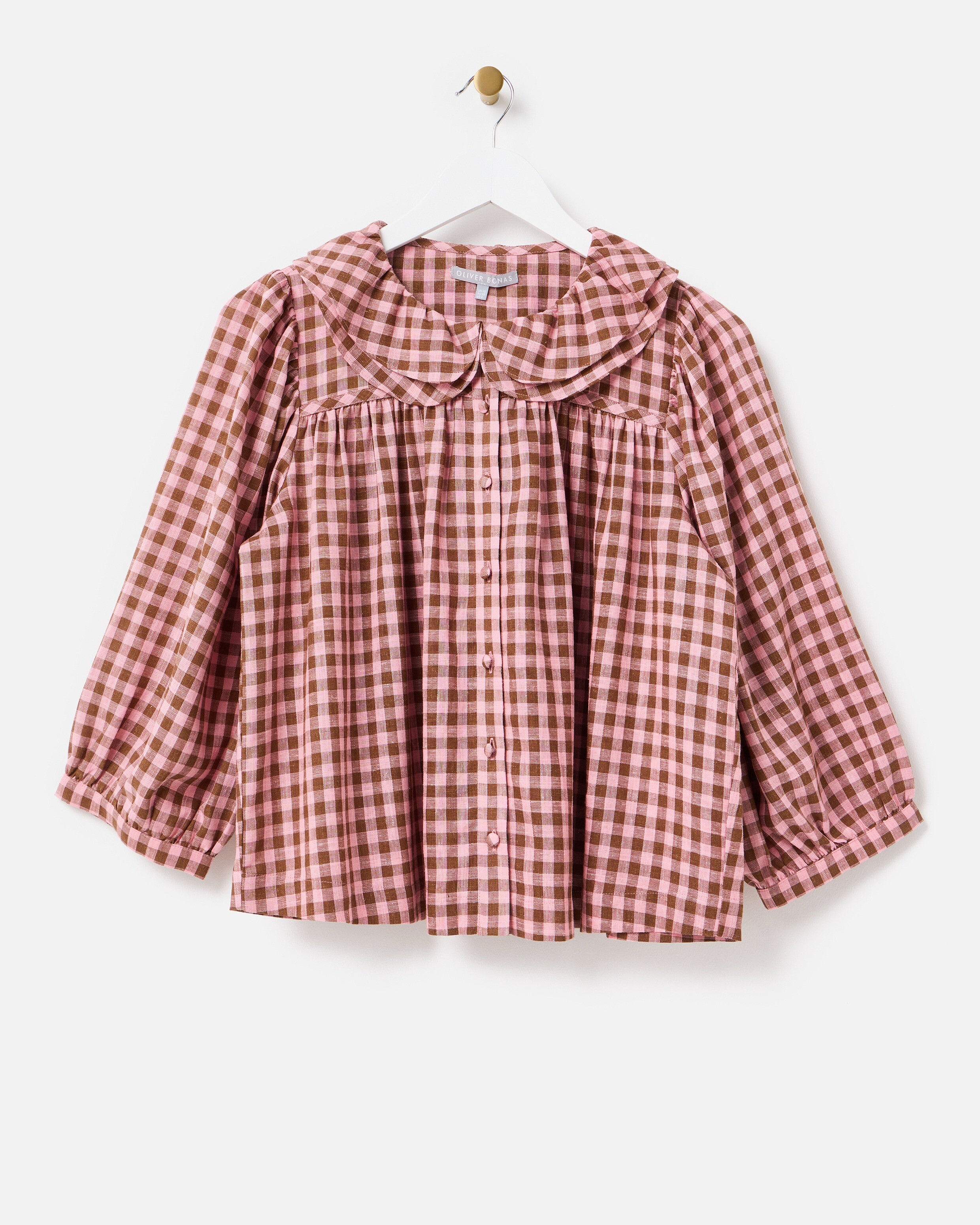 Brown & Pink Gingham Button Up Collar Blouse | Oliver Bonas
