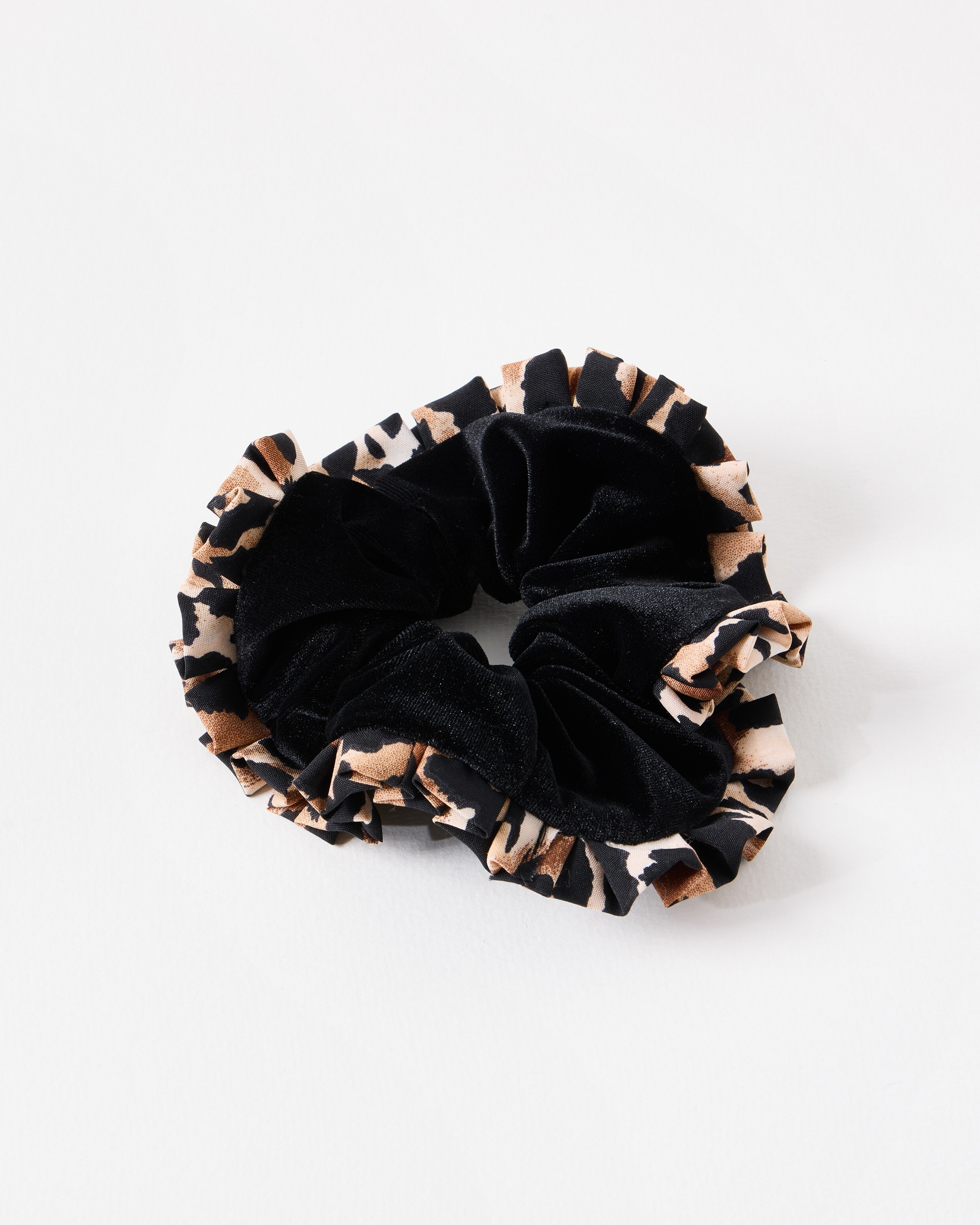 Kimber Black Velvet & Animal Print Frill Trim Scrunchie | Oliver Bonas