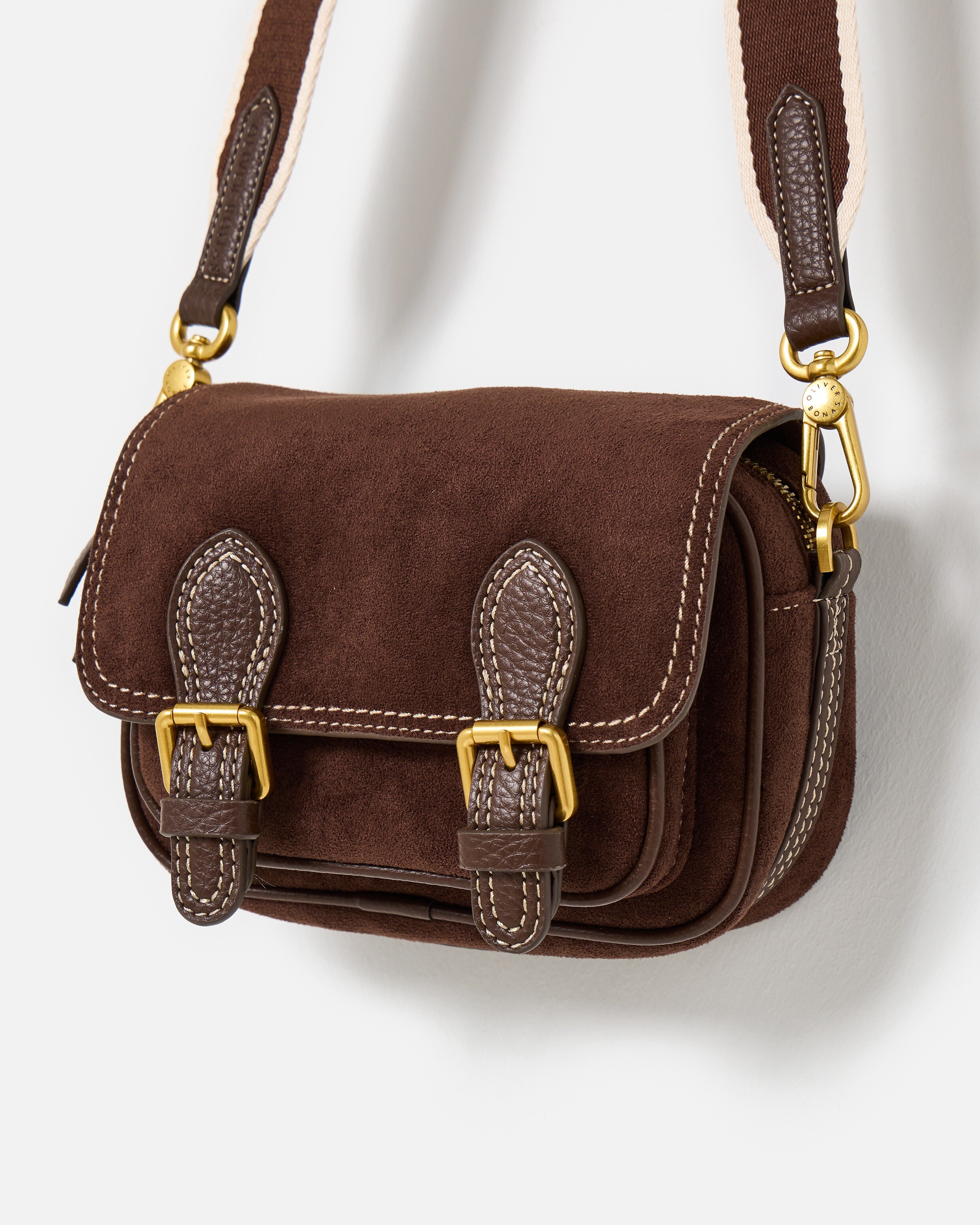 Freya Chocolate Brown Double Buckle Faux Suede Crossbody Bag | Oliver Bonas