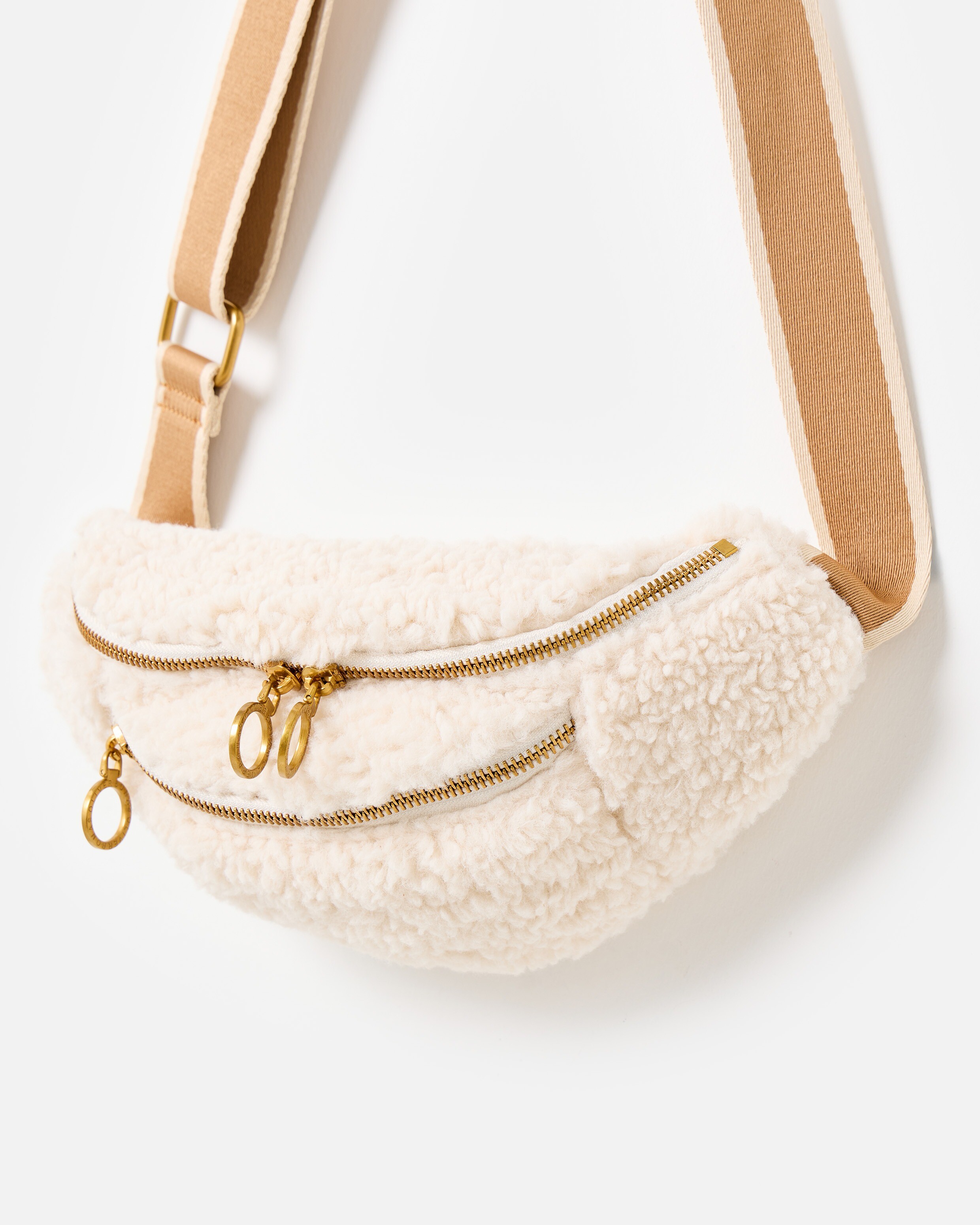 Lexi Cream Faux Shearling Double Zip Belt Bag | Oliver Bonas
