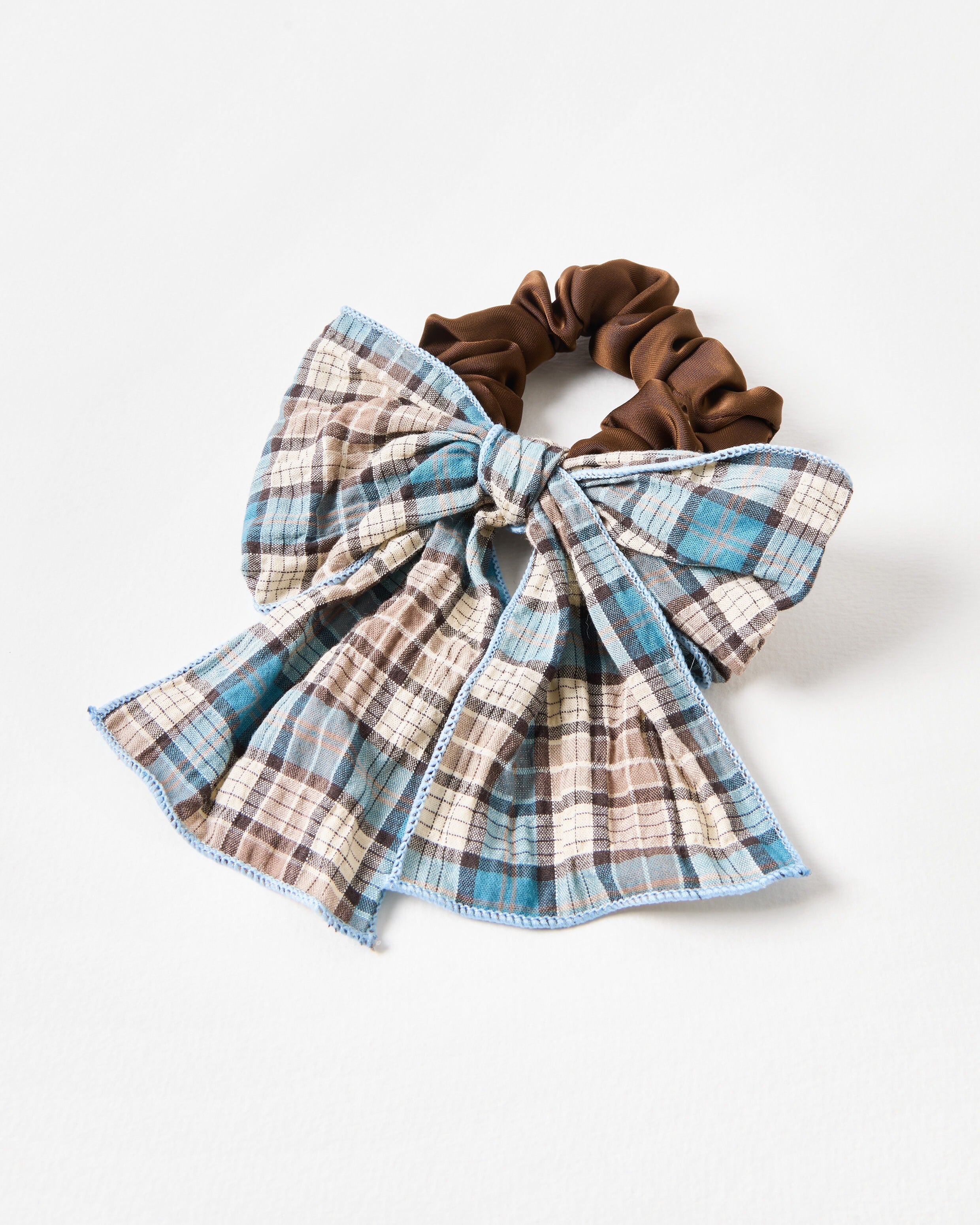 Heath Brown & Blue Checked Bow Hair Scrunchie | Oliver Bonas