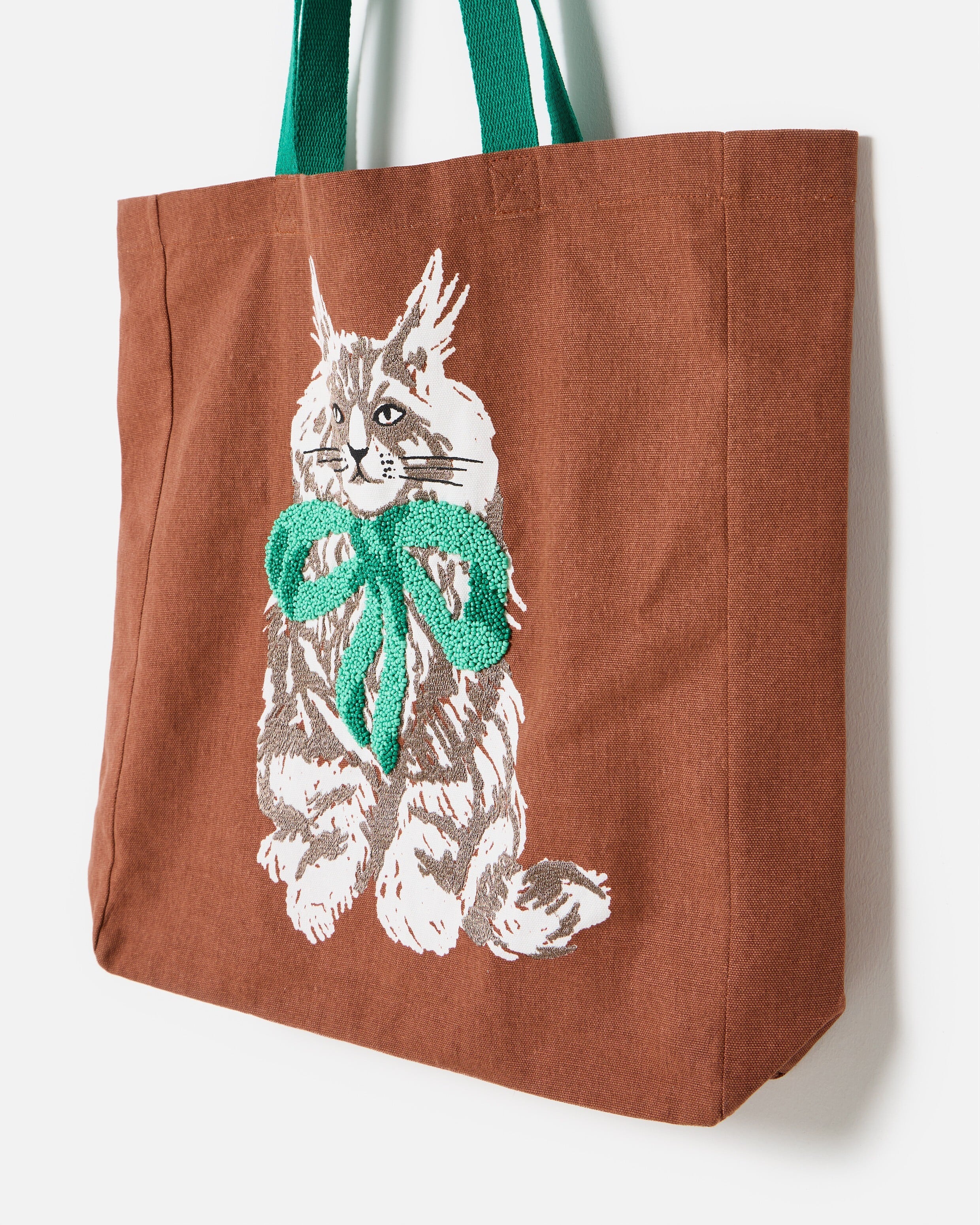 Chocolate Brown Beaded Cat Fabric Tote Shopper Bag | Oliver Bonas