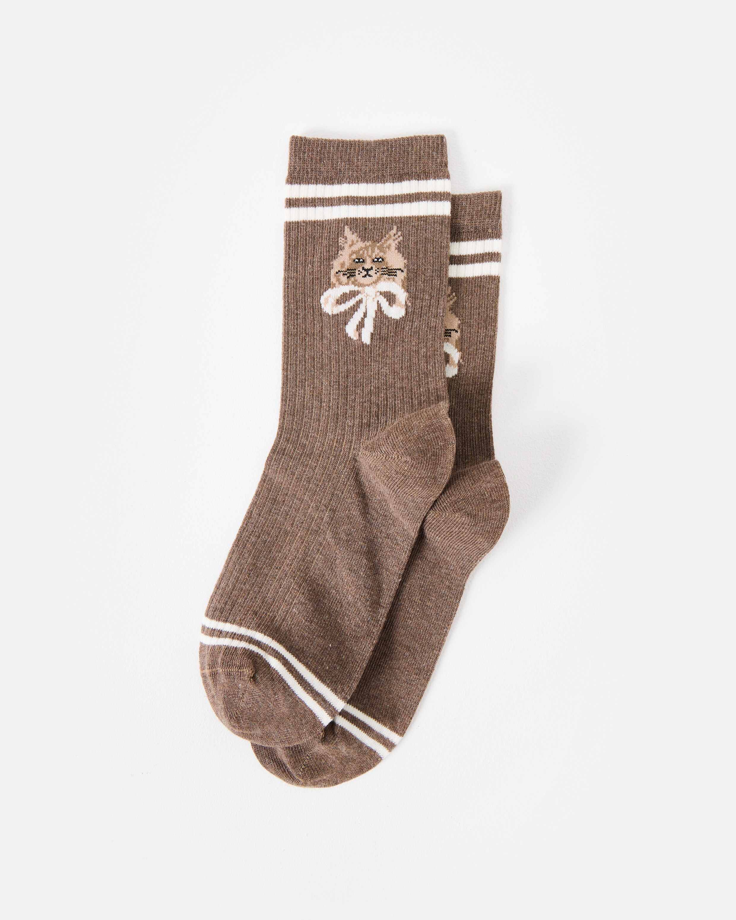 Brown Marl Cat Ribbed Sporty Ankle Socks | Oliver Bonas