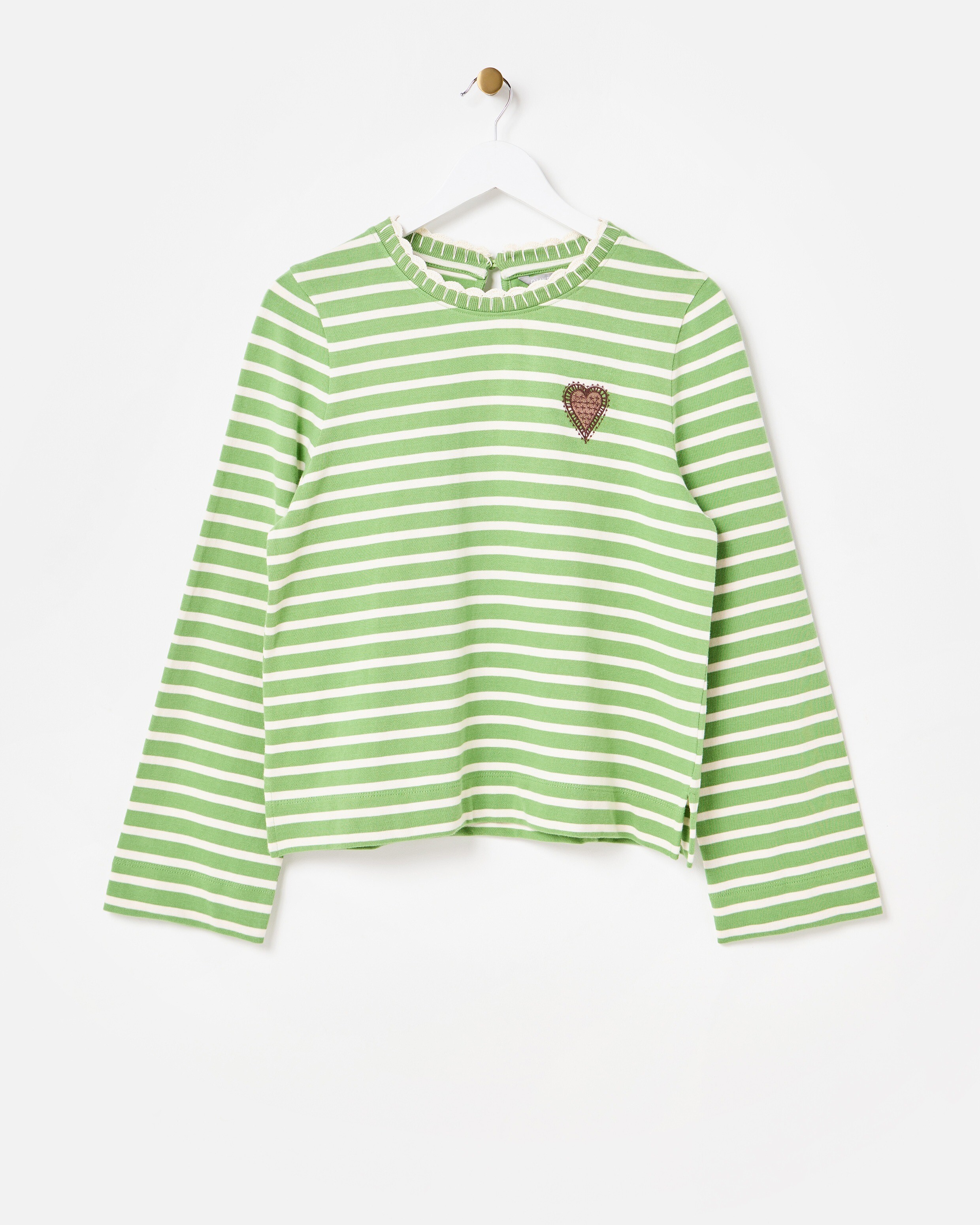 Green & White Striped Heart Embroidered Long Sleeve Top | Oliver Bonas