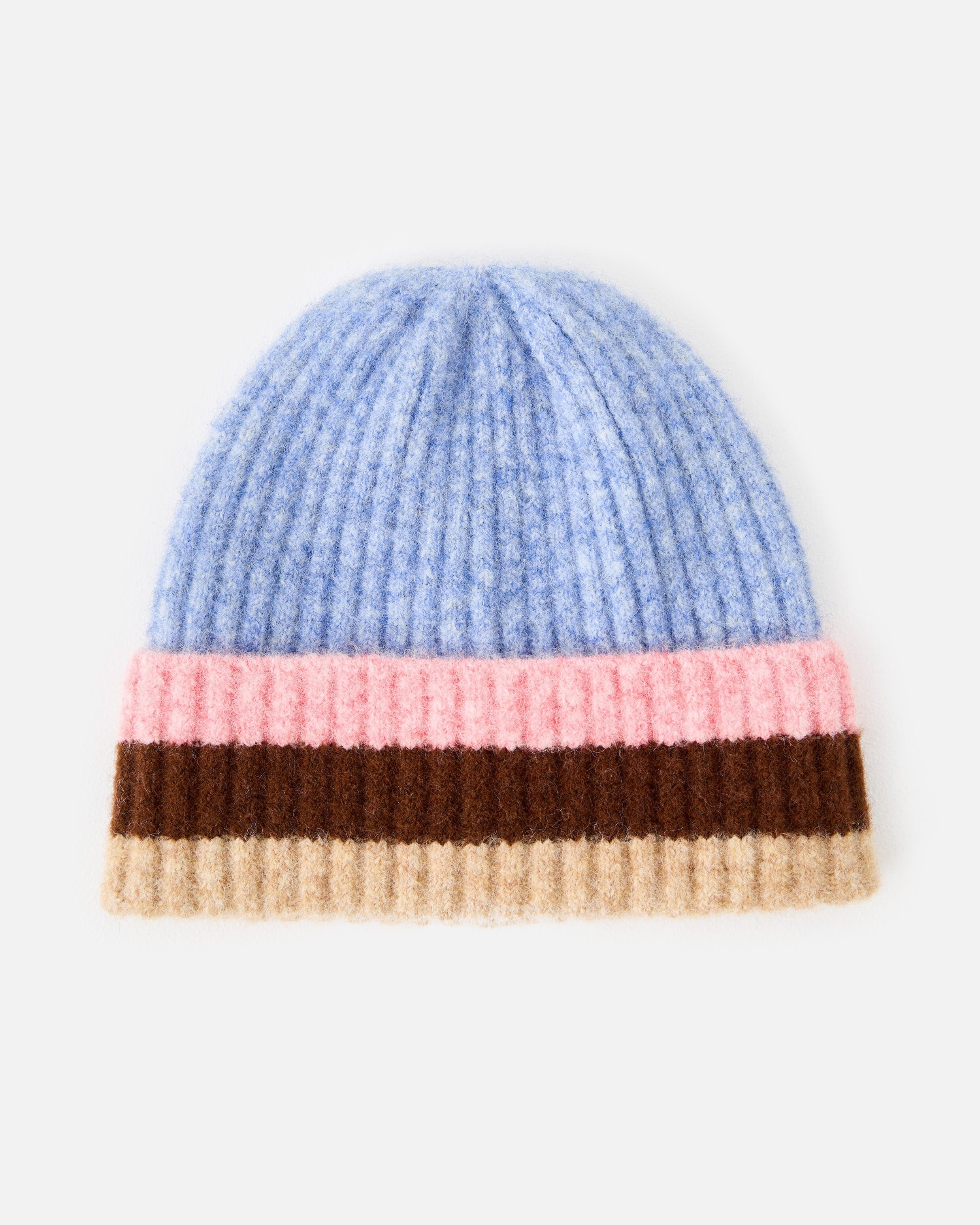 Blue & Brown Striped Knitted Beanie Hat | Oliver Bonas